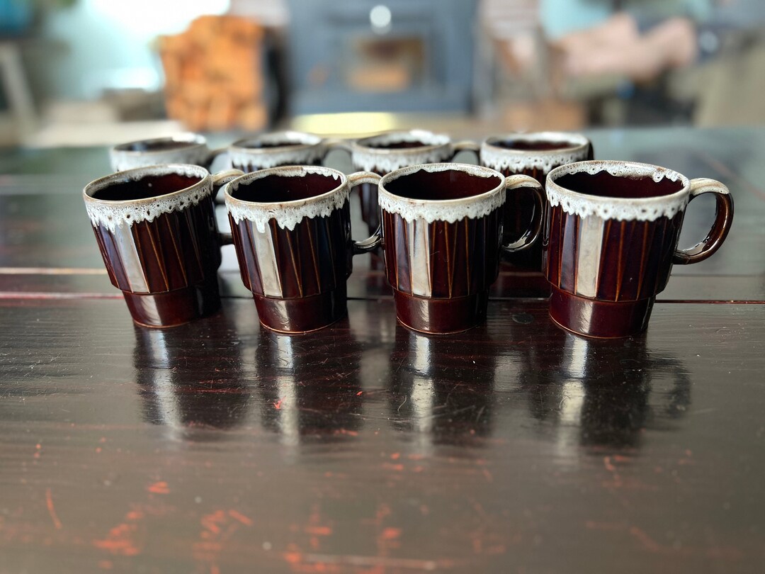 Set of 8 Vintage Brown Drip Glaze Stackable Mugs - Etsy