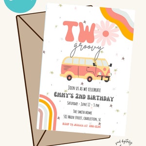 Editable Two Groovy Party Invitation Groovy Theme Retro Birthday Party ...