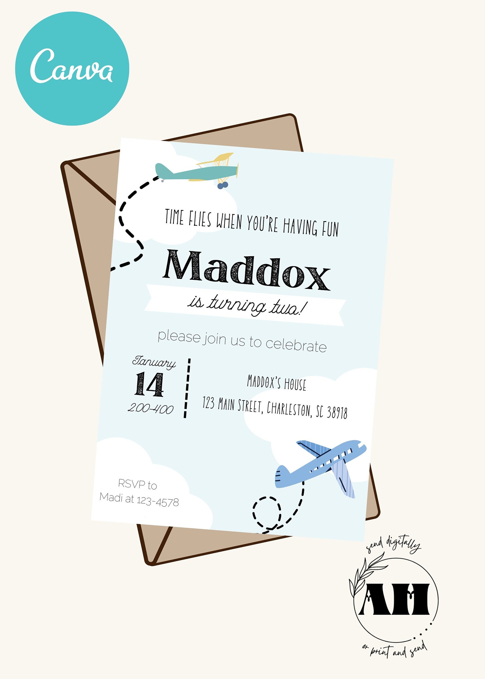 Editable Plane Birthday Invitation Airplane Time Flies Invite Canva ...