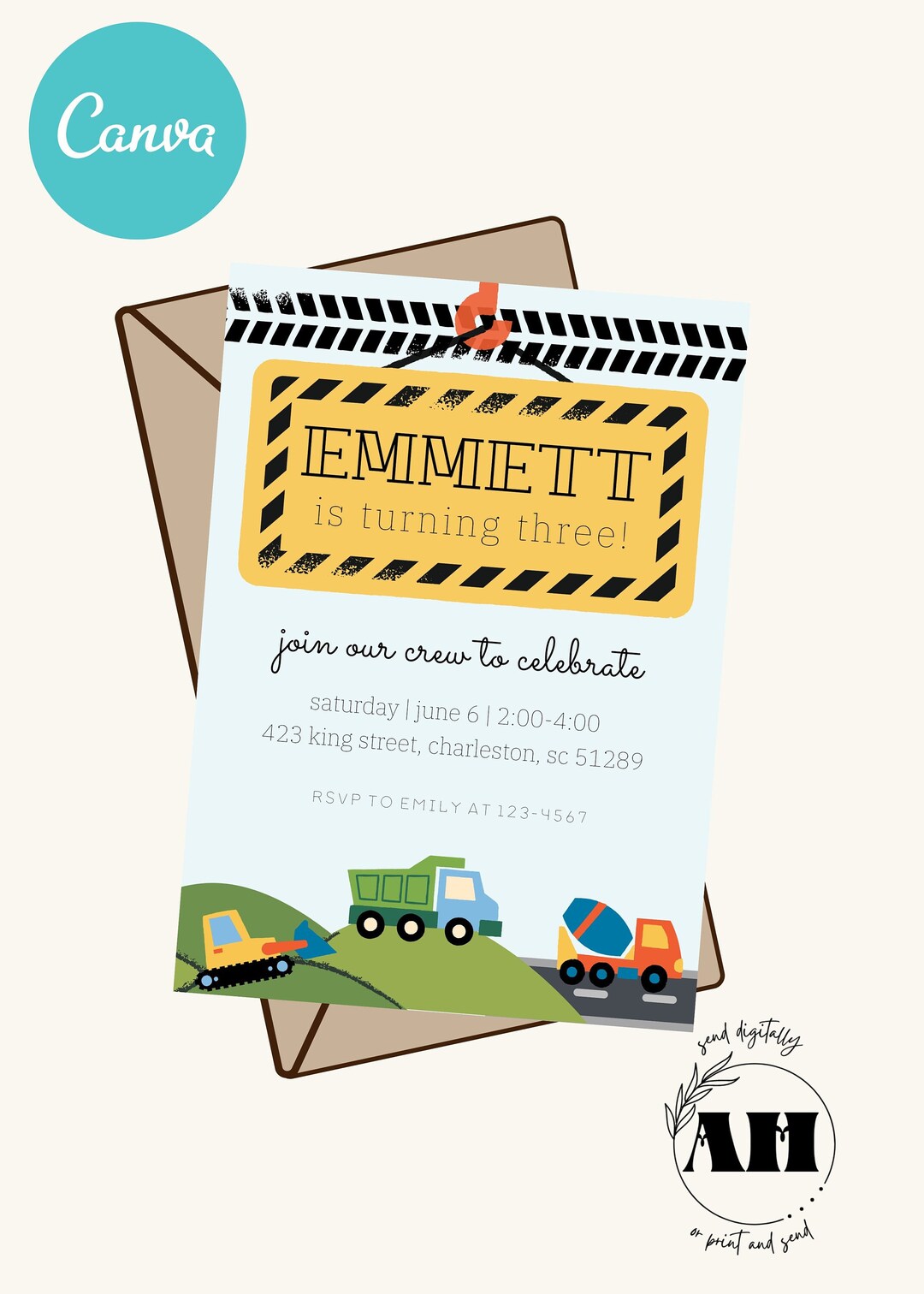 Editable Construction Trucks Birthday Invitation Dump Truck Excavator ...