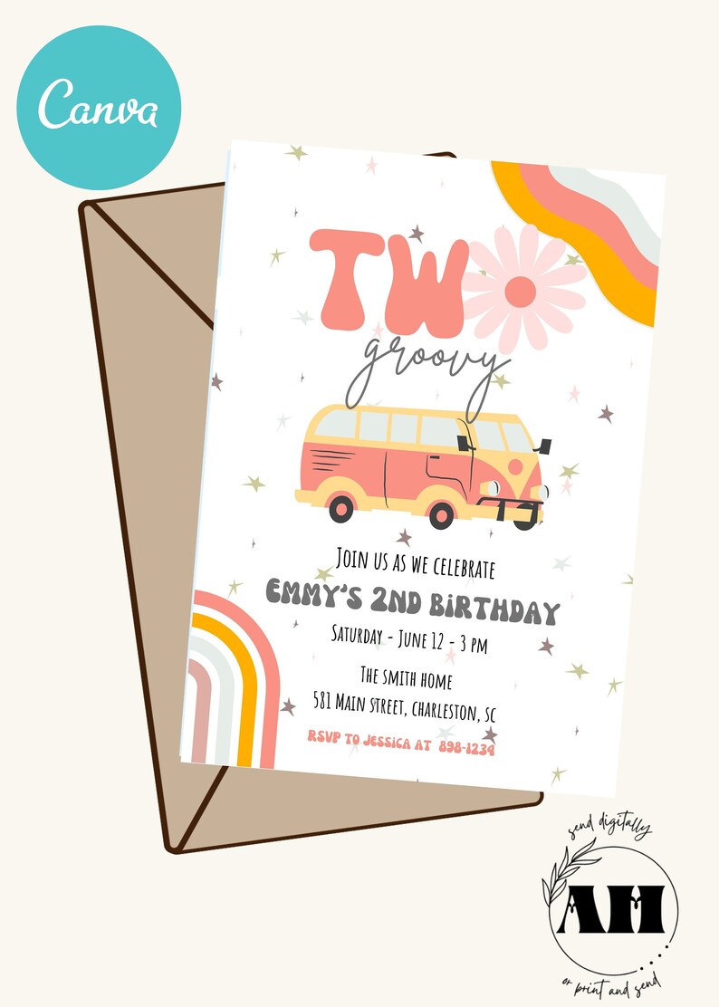 Editable Two Groovy Party Invitation Groovy Theme Retro Birthday Party ...