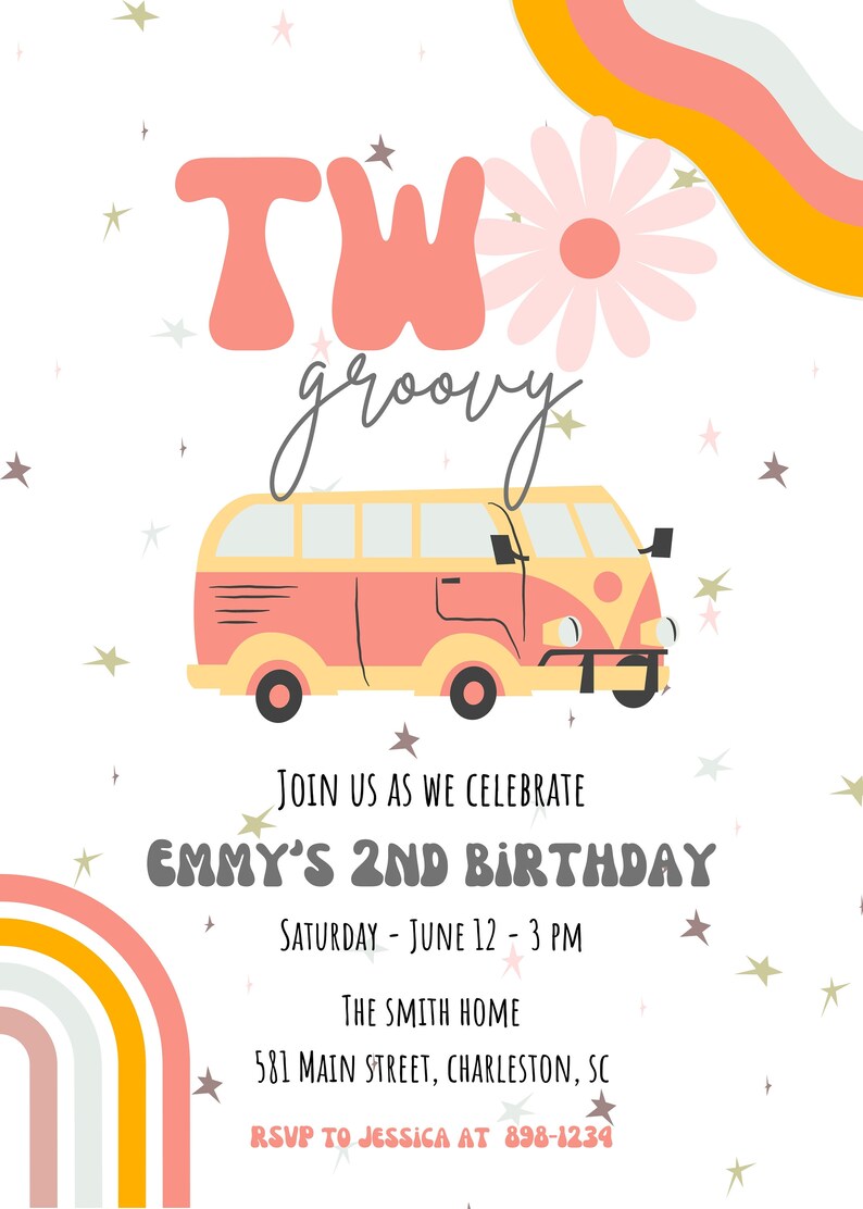 Editable Two Groovy Party Invitation Groovy Theme Retro Birthday Party ...