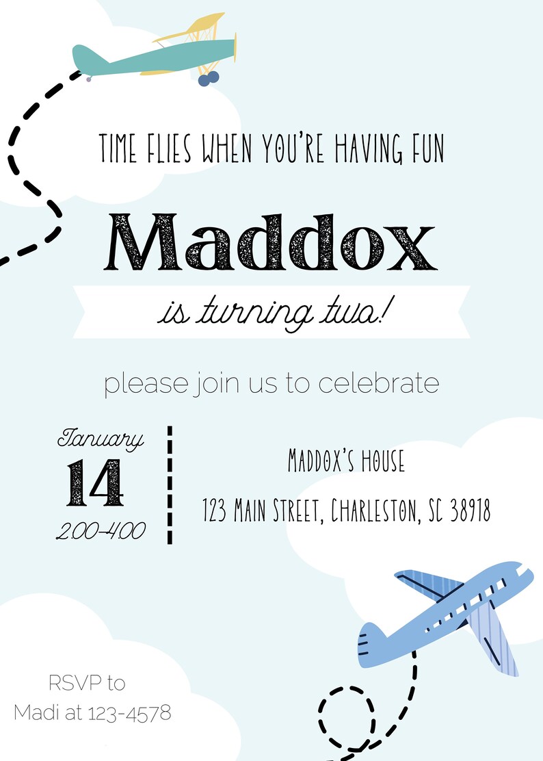 Editable Plane Birthday Invitation | Airplane Time Flies Invite | Canva ...