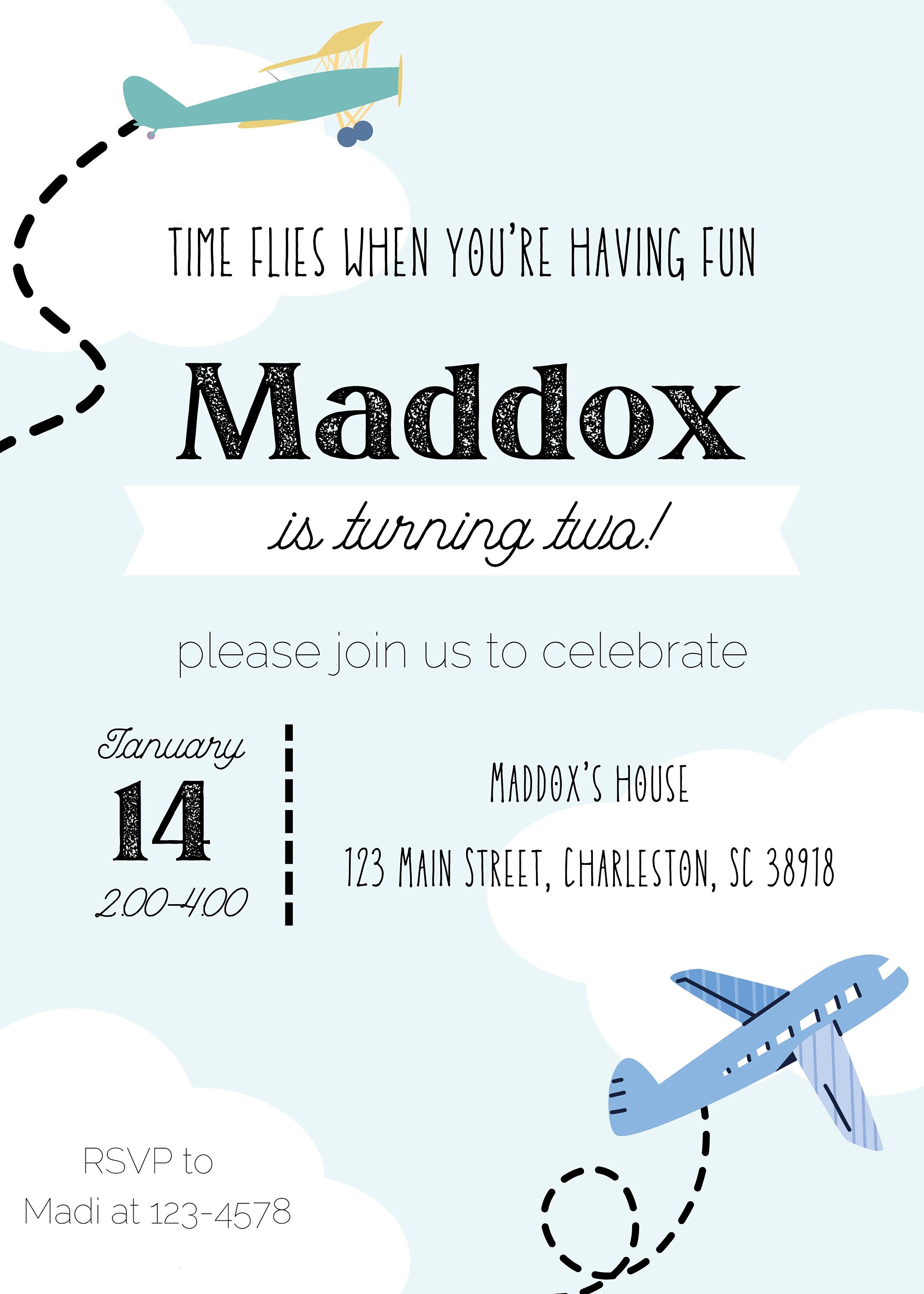Editable Plane Birthday Invitation | Airplane Time Flies Invite | Canva ...