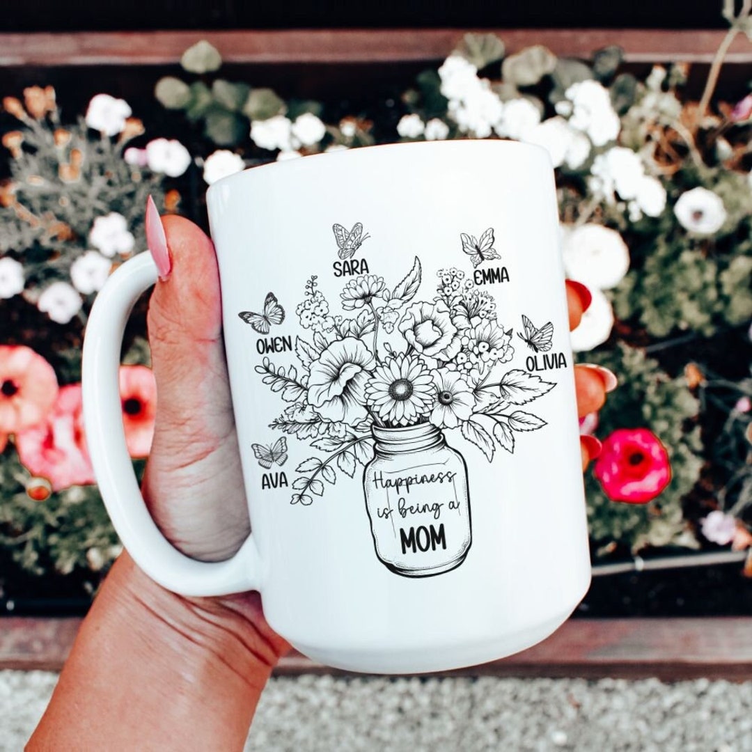 Custom Mom Floral Mug With Kids Names, Gift for Mom From Kids, Mother's ...