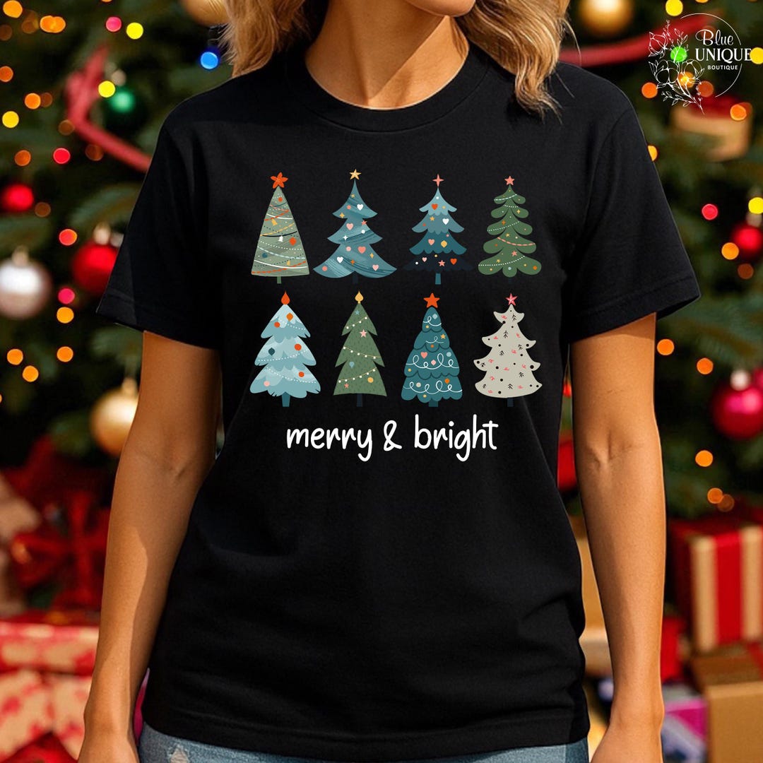 Merry and Bright Christmas Pine Trees Shirt, Christmas Party Shirt ...
