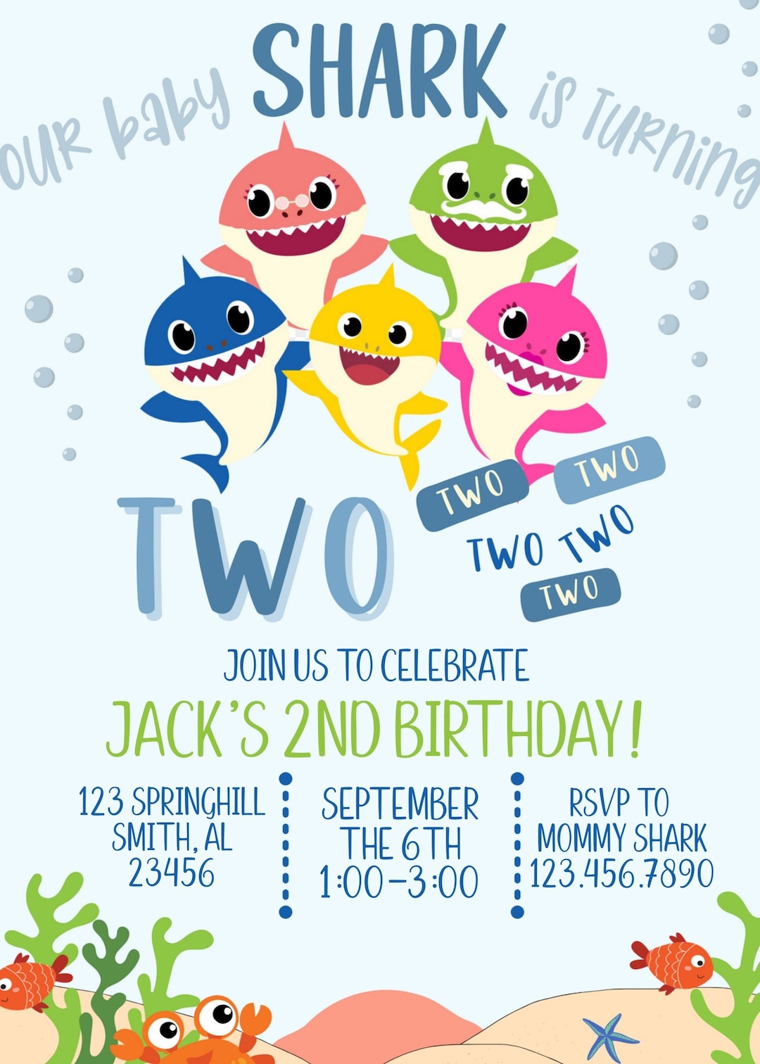 Baby Shark 2nd Birthday Invitation EDITABLE - Etsy