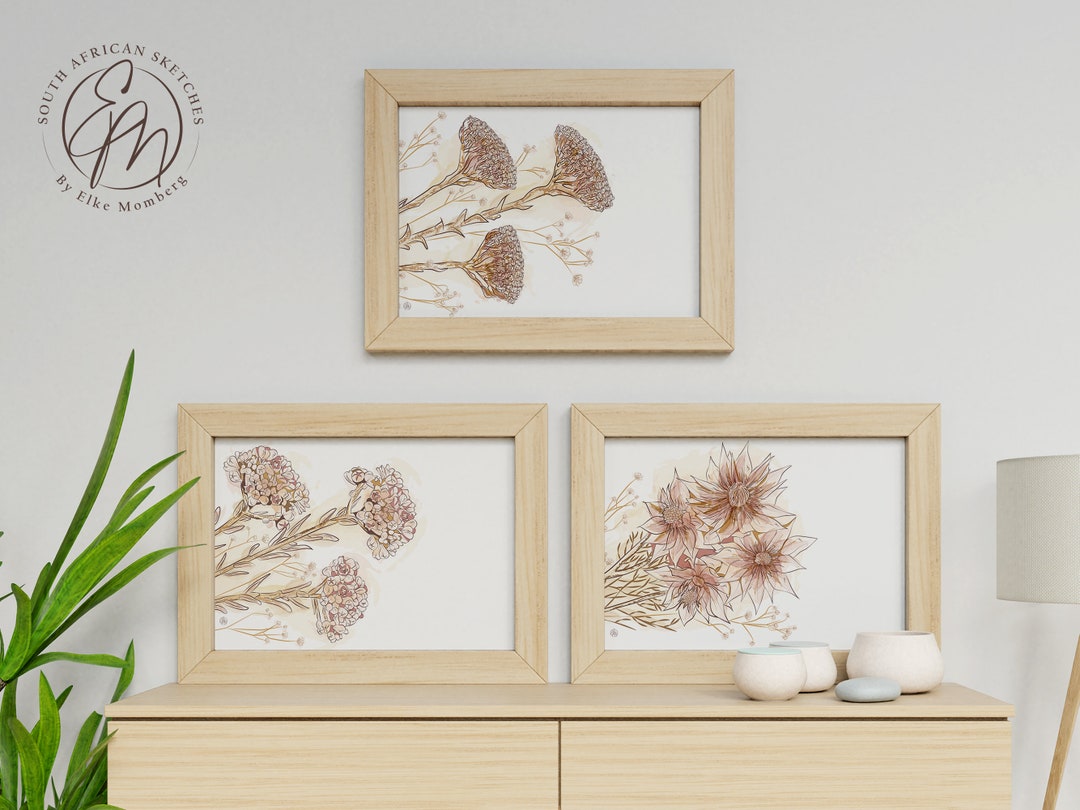 South African Cape Fynbos SET OF 3 Landscape Wall Art, Watercolor Style ...