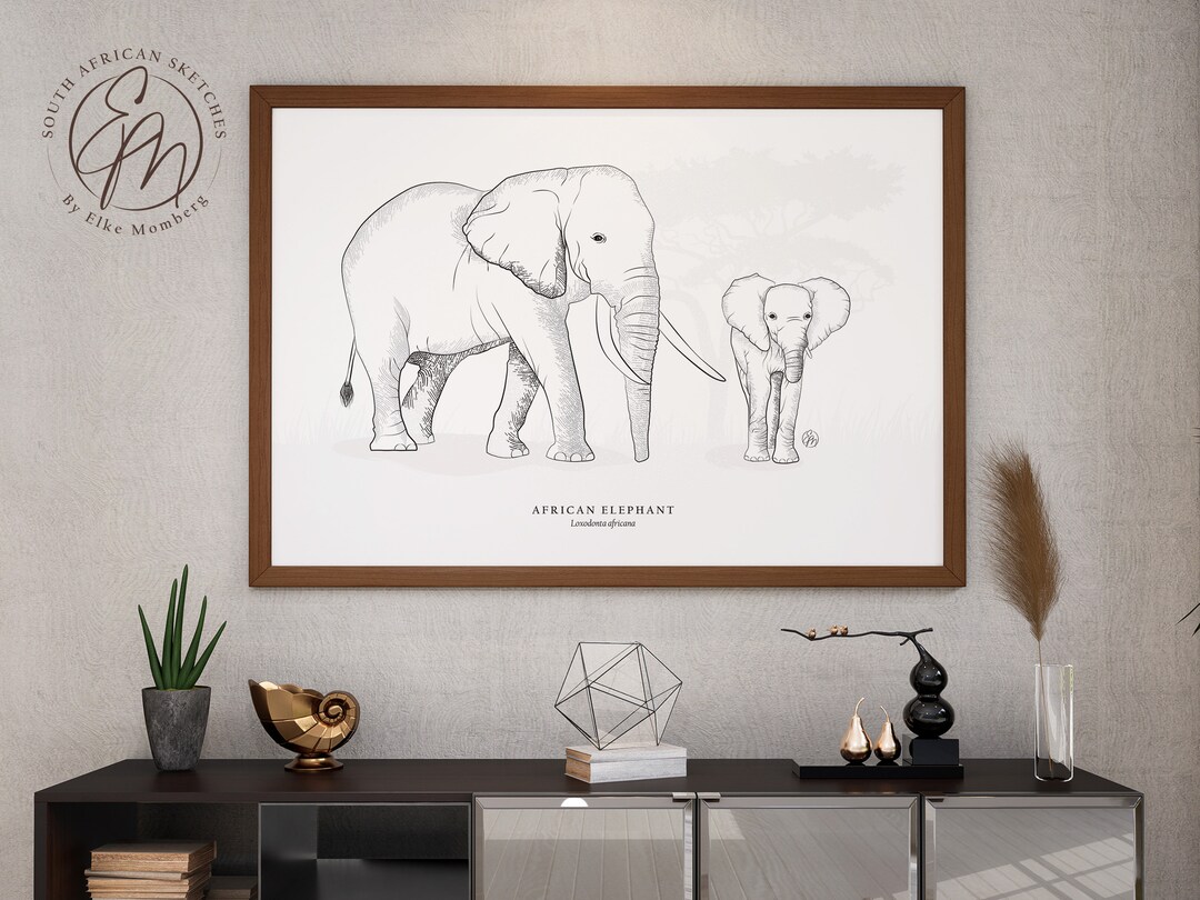 African Elephants Wall Art Print, Black and White Animal Safari Sketch ...