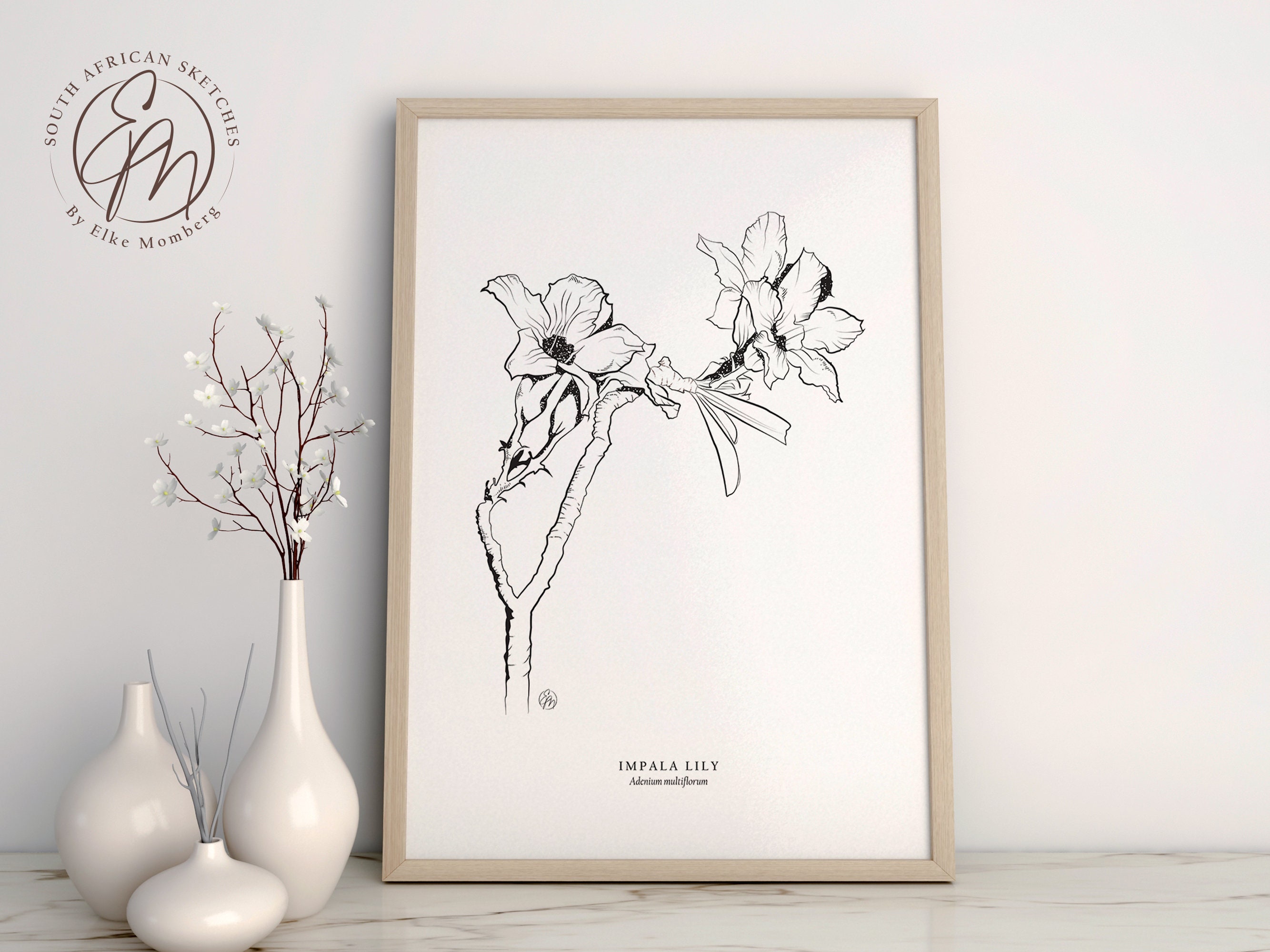 Impala Lily Botanical Wall Art Print, Black and White Flower Sketch ...