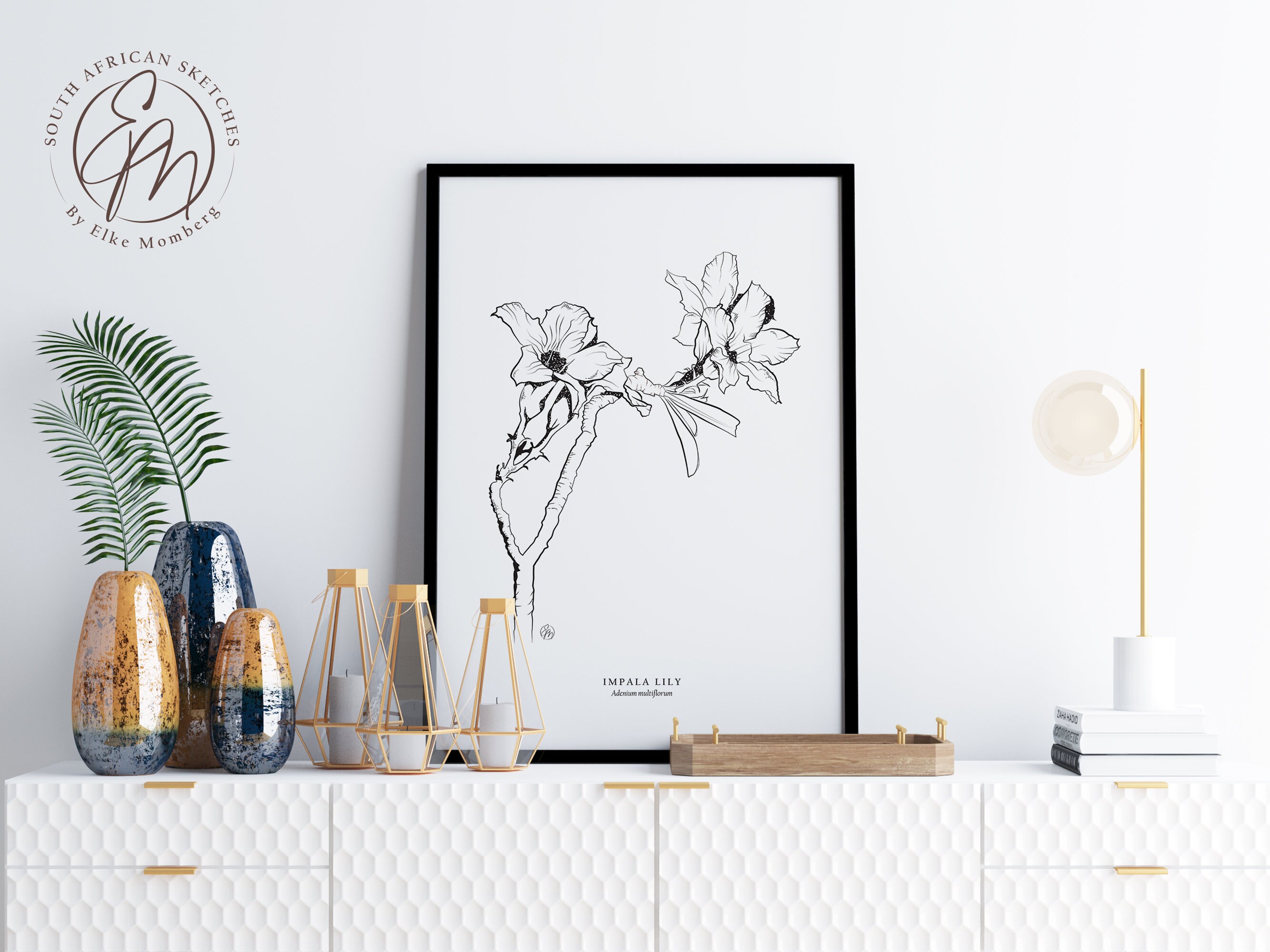 South African Impala Lily Botanical Wall Art, Modern Black and White ...