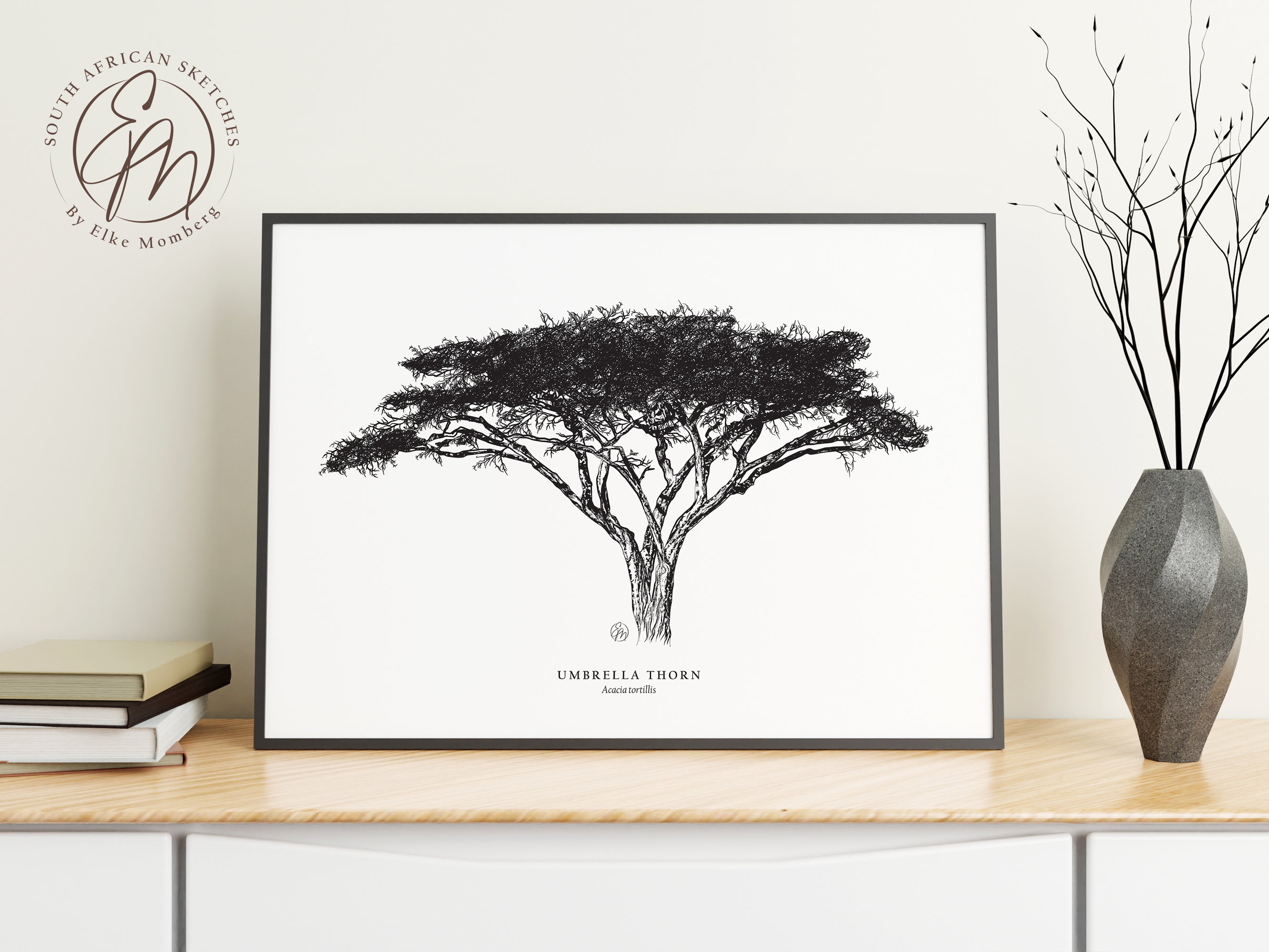 Umbrella Thorn Tree Botanical Wall Art, Modern Black and White Style ...