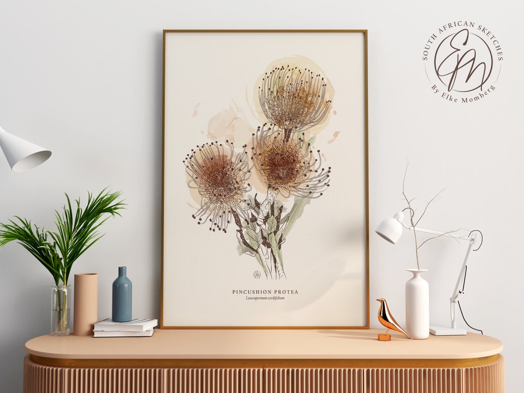 South African Pincushion Protea Botanical Wall Art, Watercolor Style ...