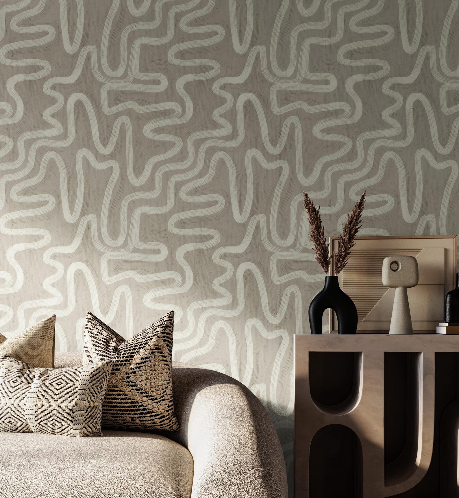 Beige Minimalist Abstract Wallpaper - Neutral Modern Squiggle Design ...