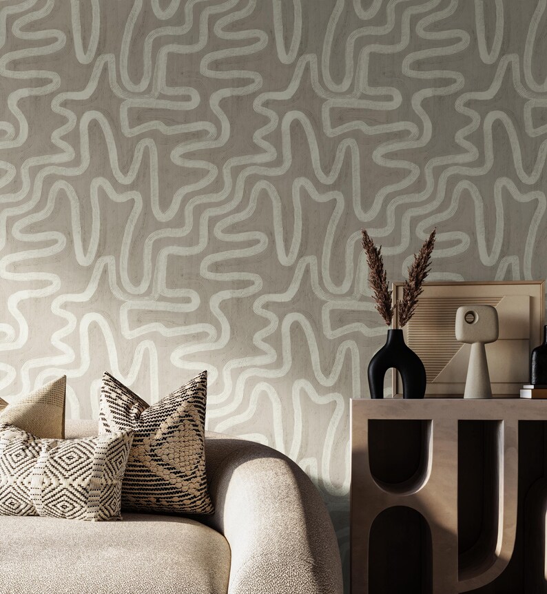 Beige Abstract Squiggle Wallpaper: Neutral Boho Decor, Peel and Stick ...