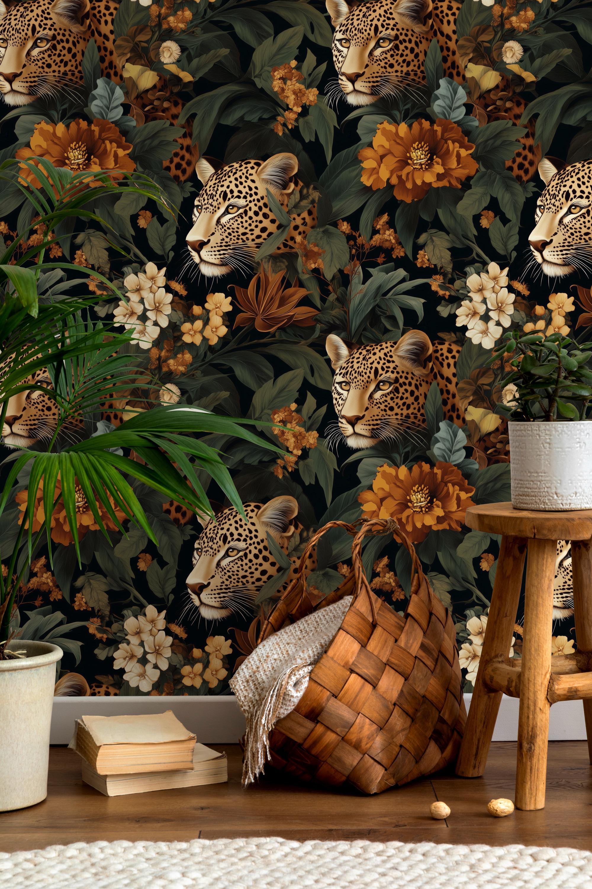 Luxury Leopard Jungle Wallpaper - Bold Tropical Wall Mural - Dark ...