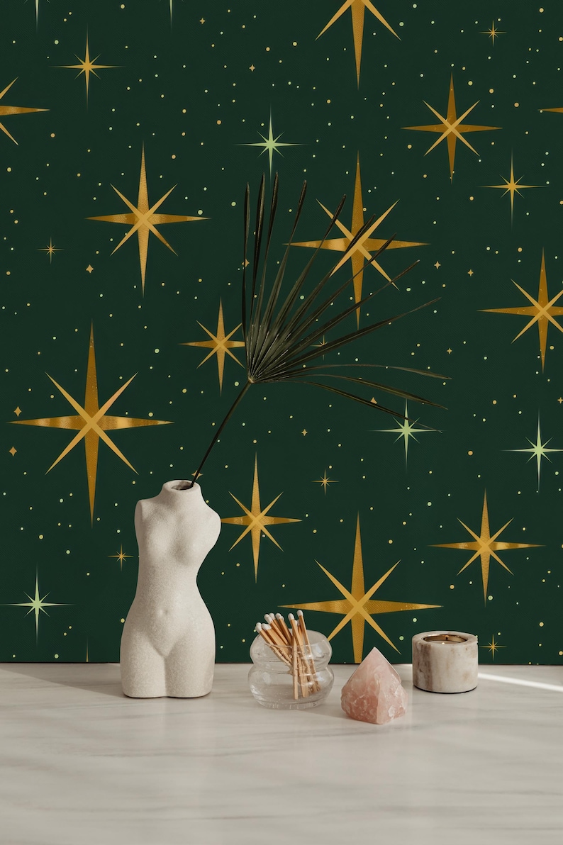 Emerald Green Celestial Star Wallpaper: Gold Peel & Stick Mural - Etsy