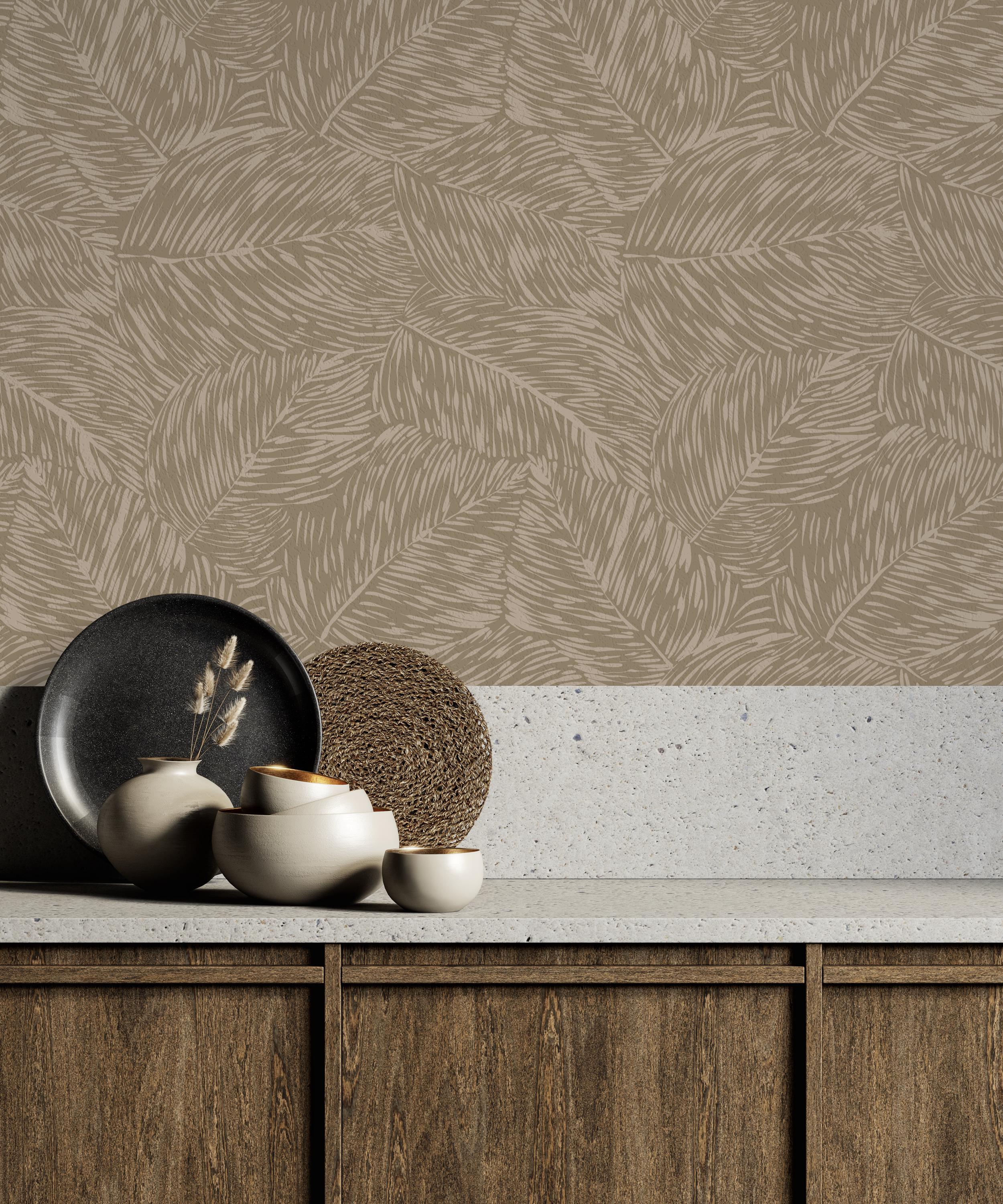 Beige Linear Tropical Leaf Wallpaper, Natural Boho Flower Peel and ...