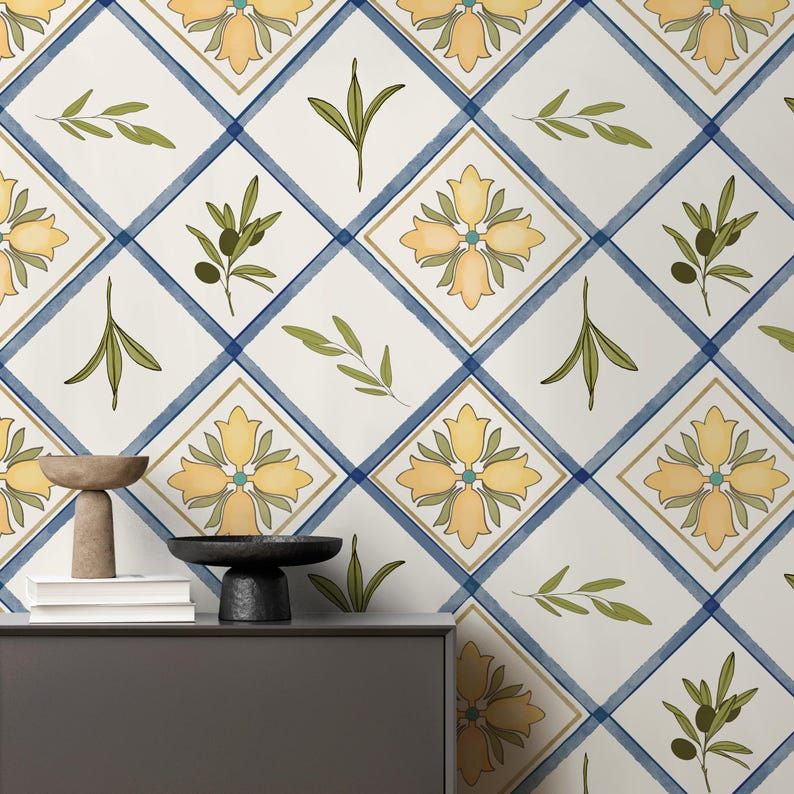 Mediterranean Tile Pattern Wallpaper - Peel and Stick Vintage Tile ...