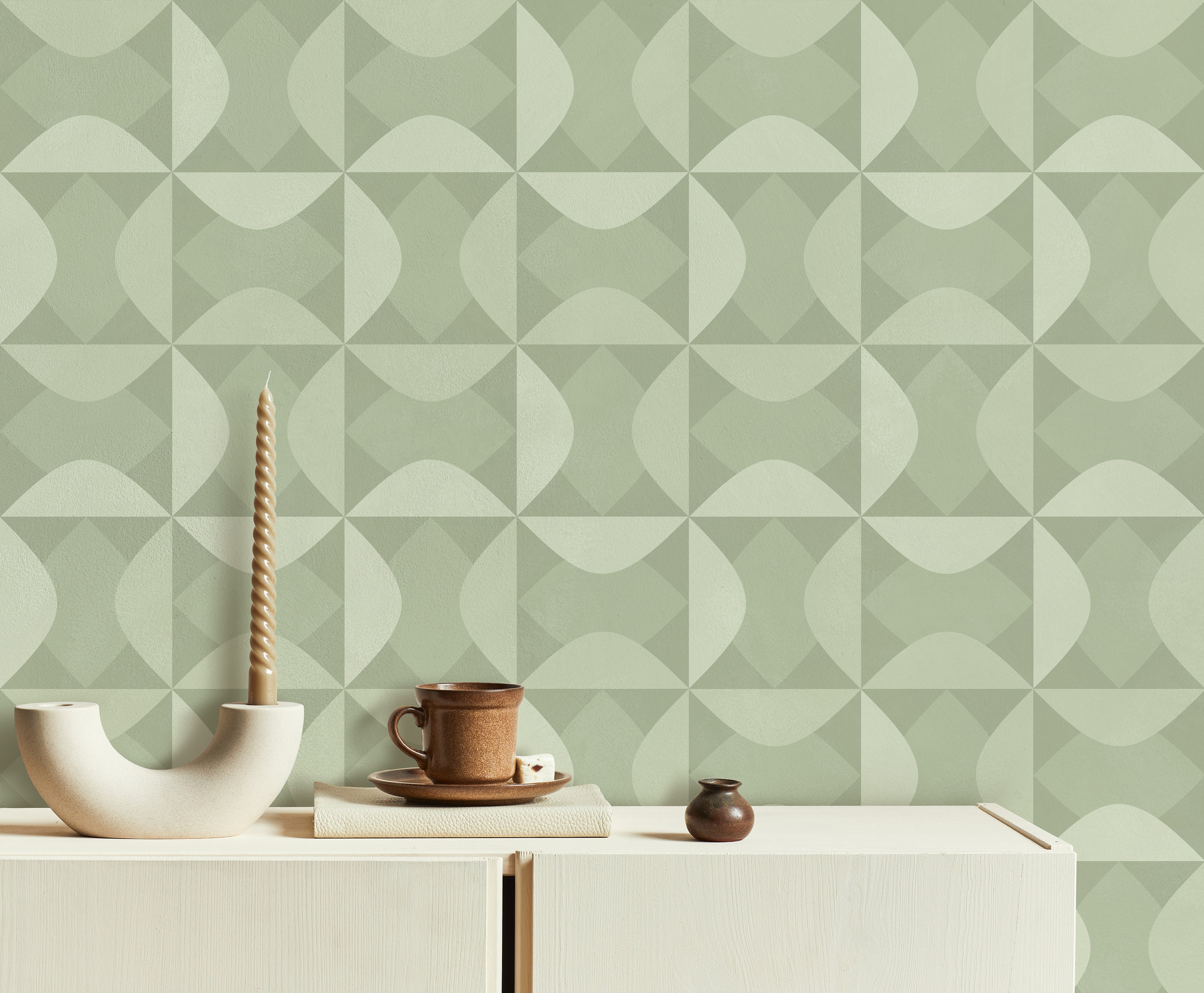 Green Mid Century Wallpaper, Peel and Stick Modern, Sage Green Shapes ...