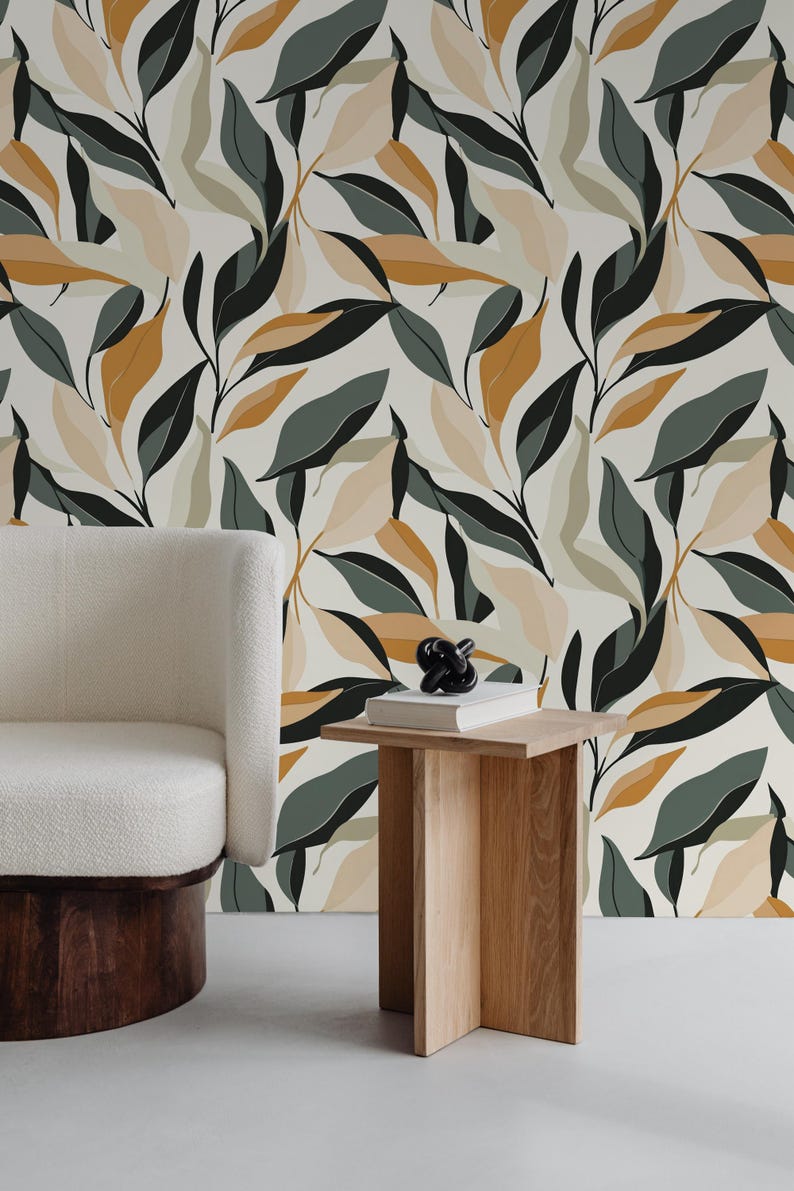 Modern Leaf Wallpaper - Abstract Botanical Peel and Stick Wall Mural ...