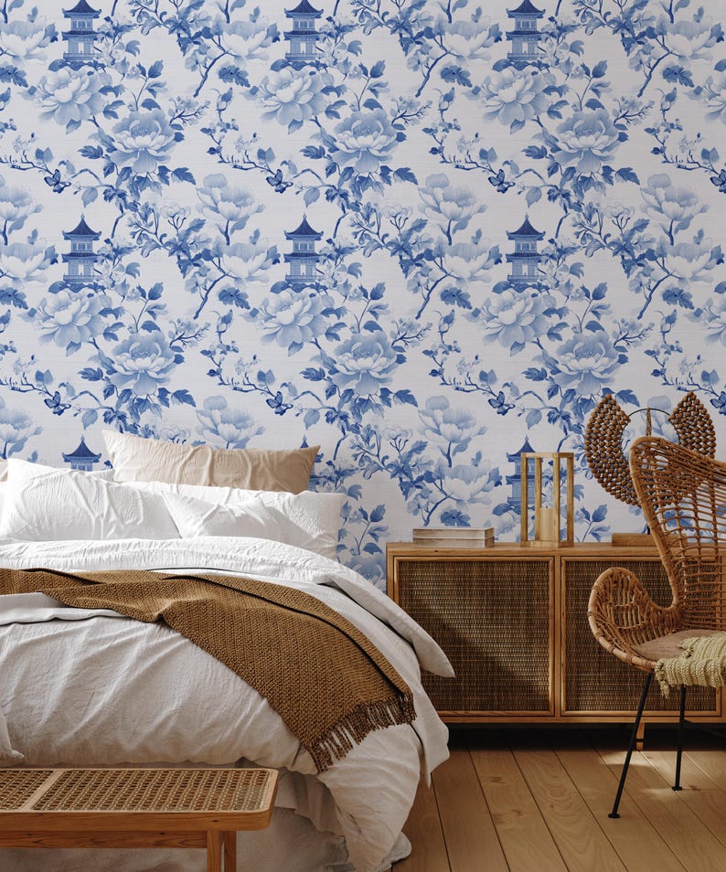 Blue and White Chinoiserie Wallpaper - Elegant Floral and Pagoda Design ...
