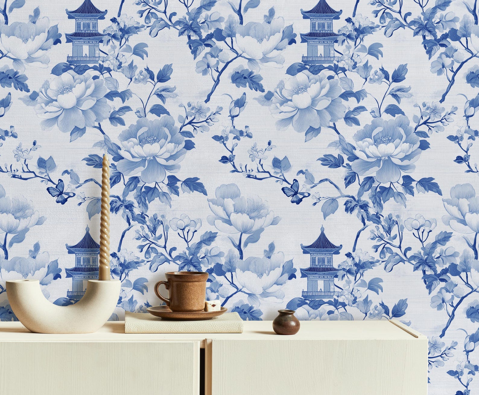 Blue and White Chinoiserie Wallpaper - Elegant Floral and Pagoda Design ...