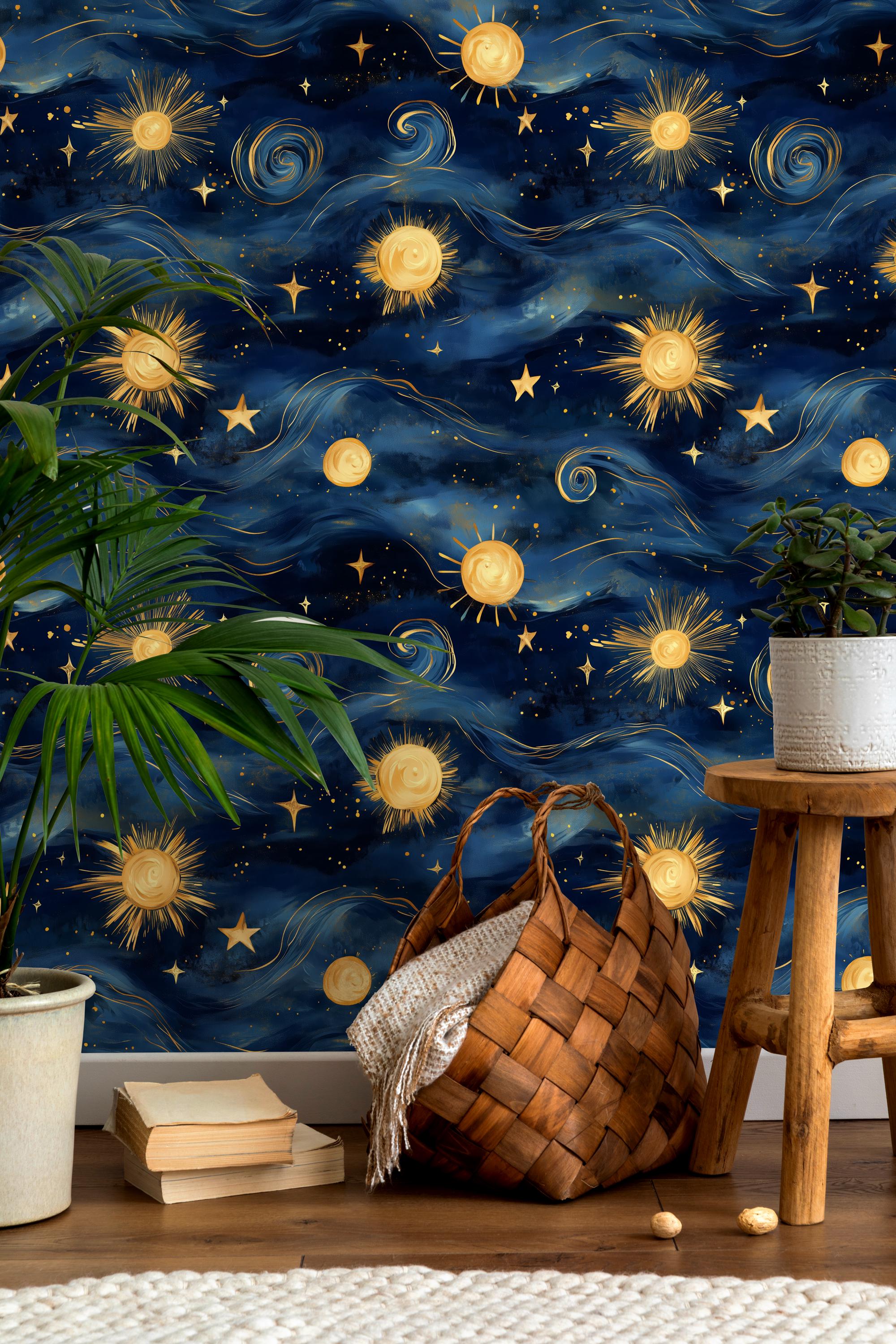 Starry Night Celestial Wallpaper - Luxury Sun & Moon Wall Mural ...