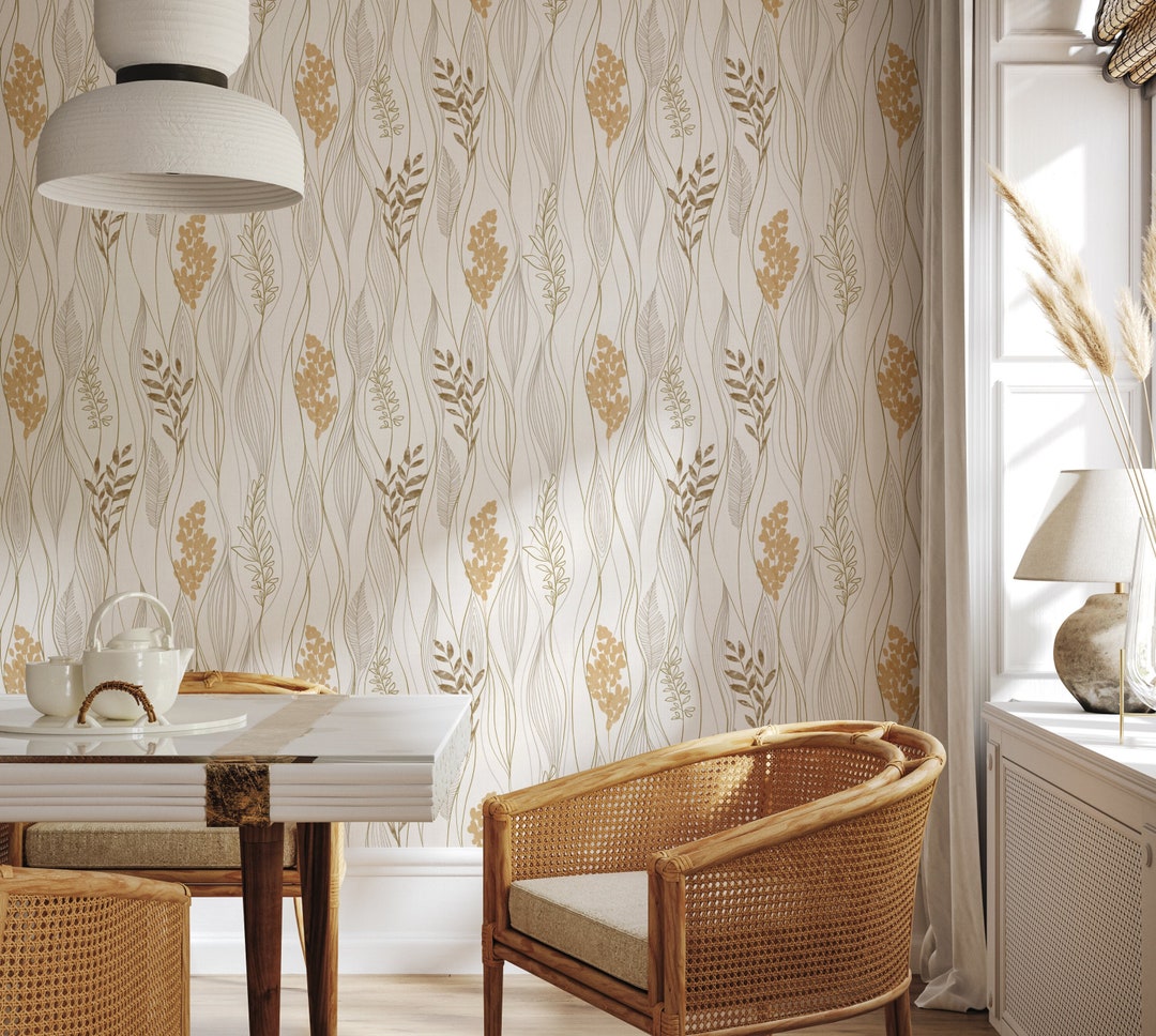 Autumn Beige Wallpaper, Minimalistic Flowers and Leaves Wallpaper, Peel ...