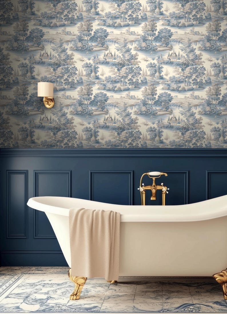 Blue Toile Bathroom Wallpaper | Traditional Non-pasted Paper | Classic ...