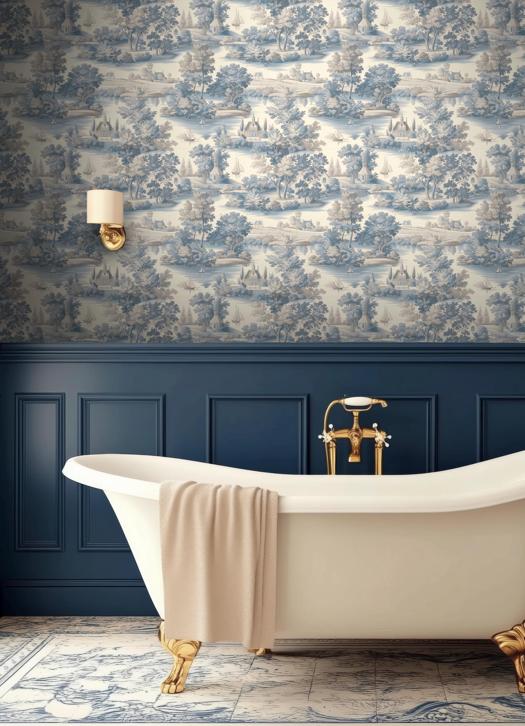 Blue Toile Bathroom Wallpaper | Traditional Non-pasted Paper | Classic ...