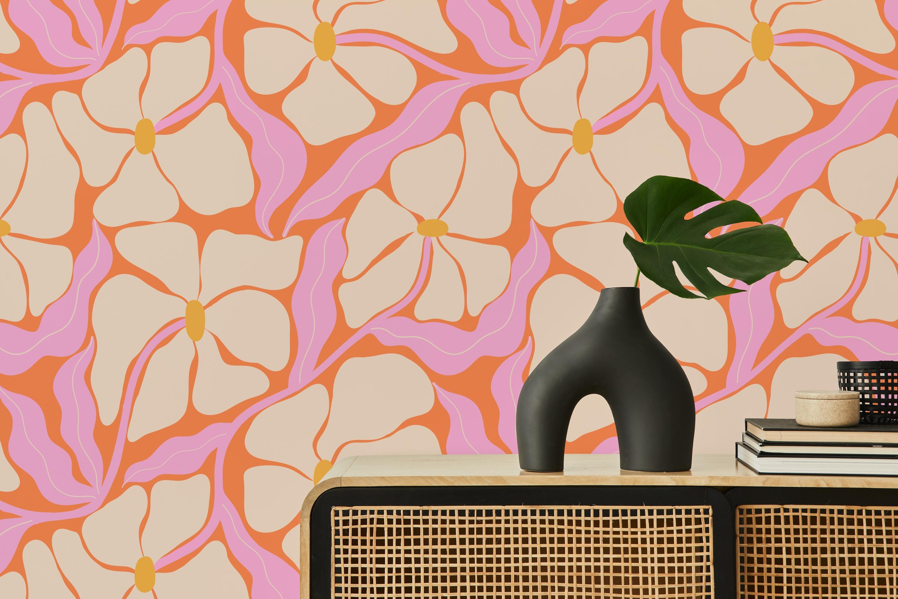 Groovy Pink Daisy Wallpaper Funky Pink Peel and Stick 50s 60s Botanical ...