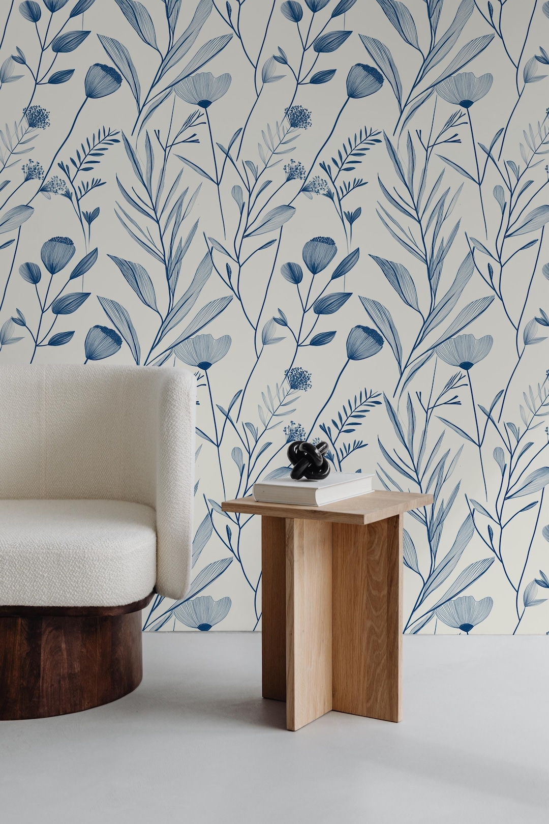 Blue Botanical Wallpaper - Minimalist Floral Peel and Stick Wall Mural ...
