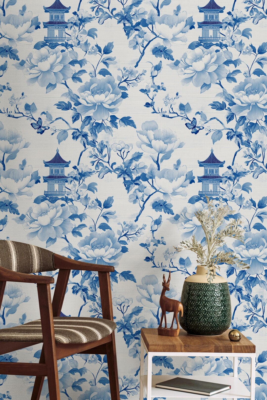 Blue and White Chinoiserie Wallpaper - Elegant Floral and Pagoda Design ...