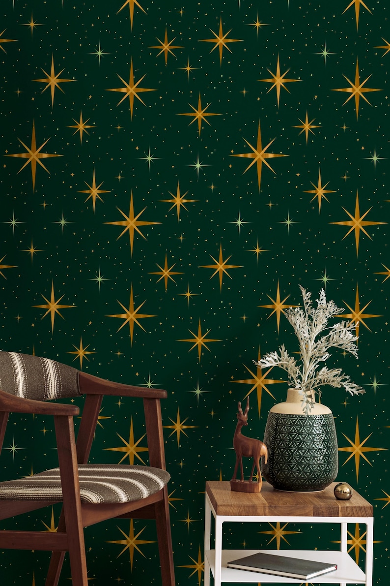 Emerald Green Celestial Star Wallpaper: Gold Peel & Stick Mural - Etsy