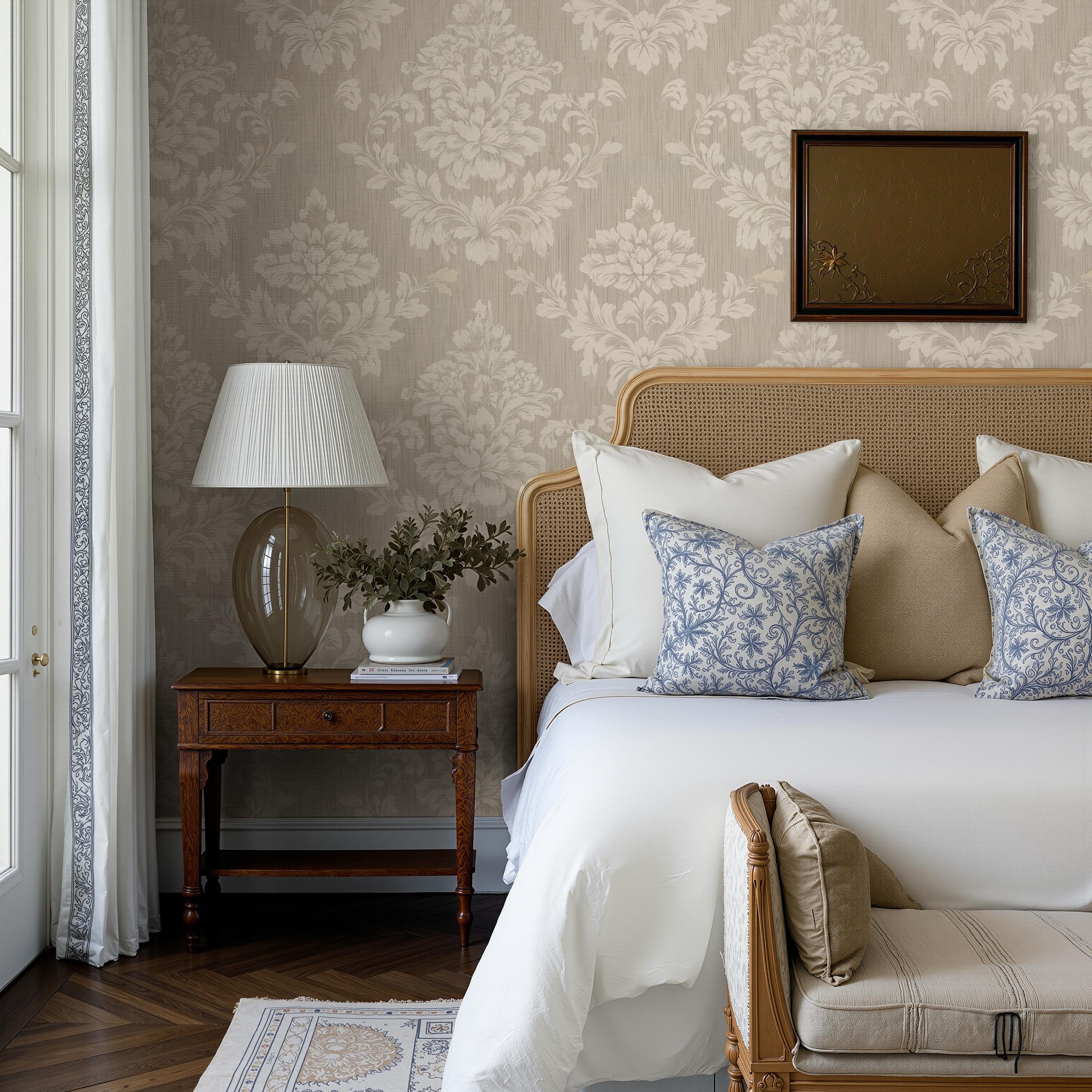 Champagne Beige Damask Floral Wallpaper – Faux Linen Texture for Living ...