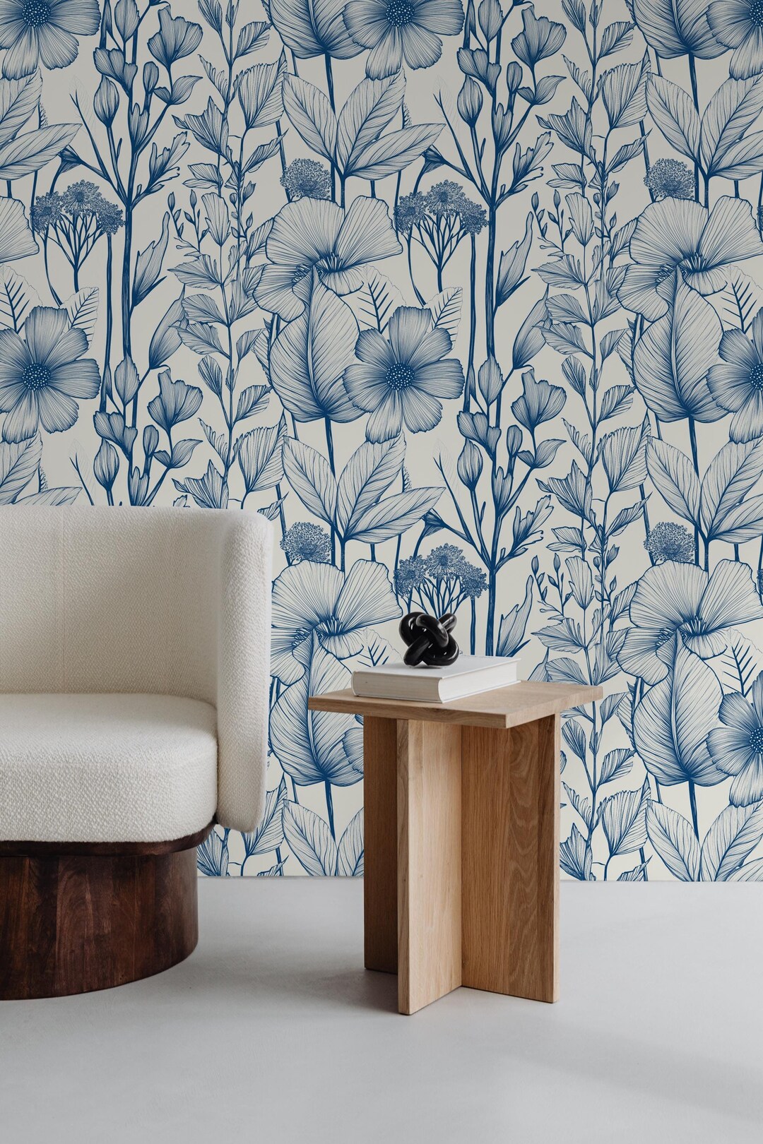 Blue Line Floral Wallpaper - Elegant Botanical Peel and Stick Wall Art ...