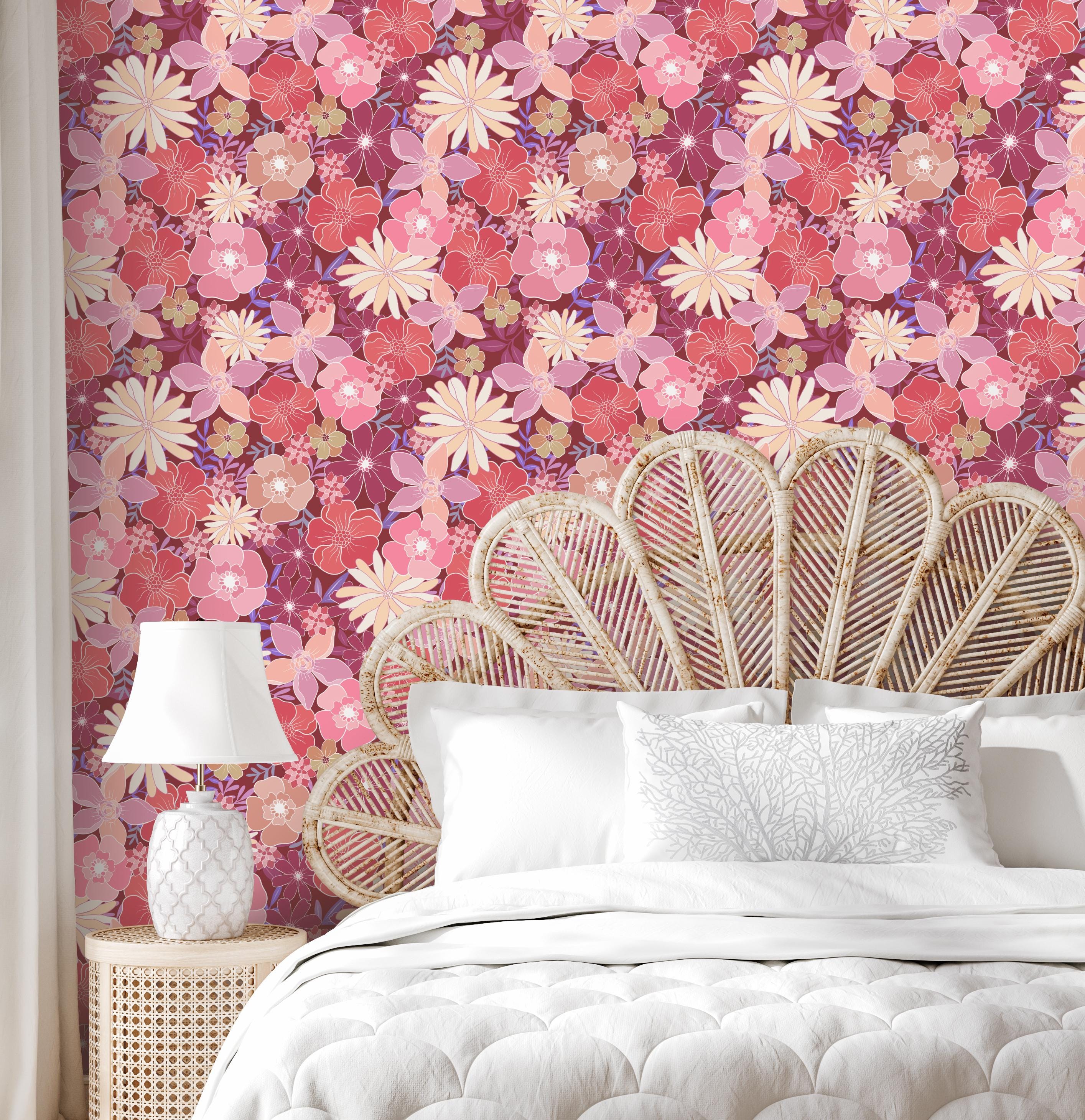 Peel and Stick Floral Pink Wallpaper Chic Botanical Art, Vibrant Groovy ...