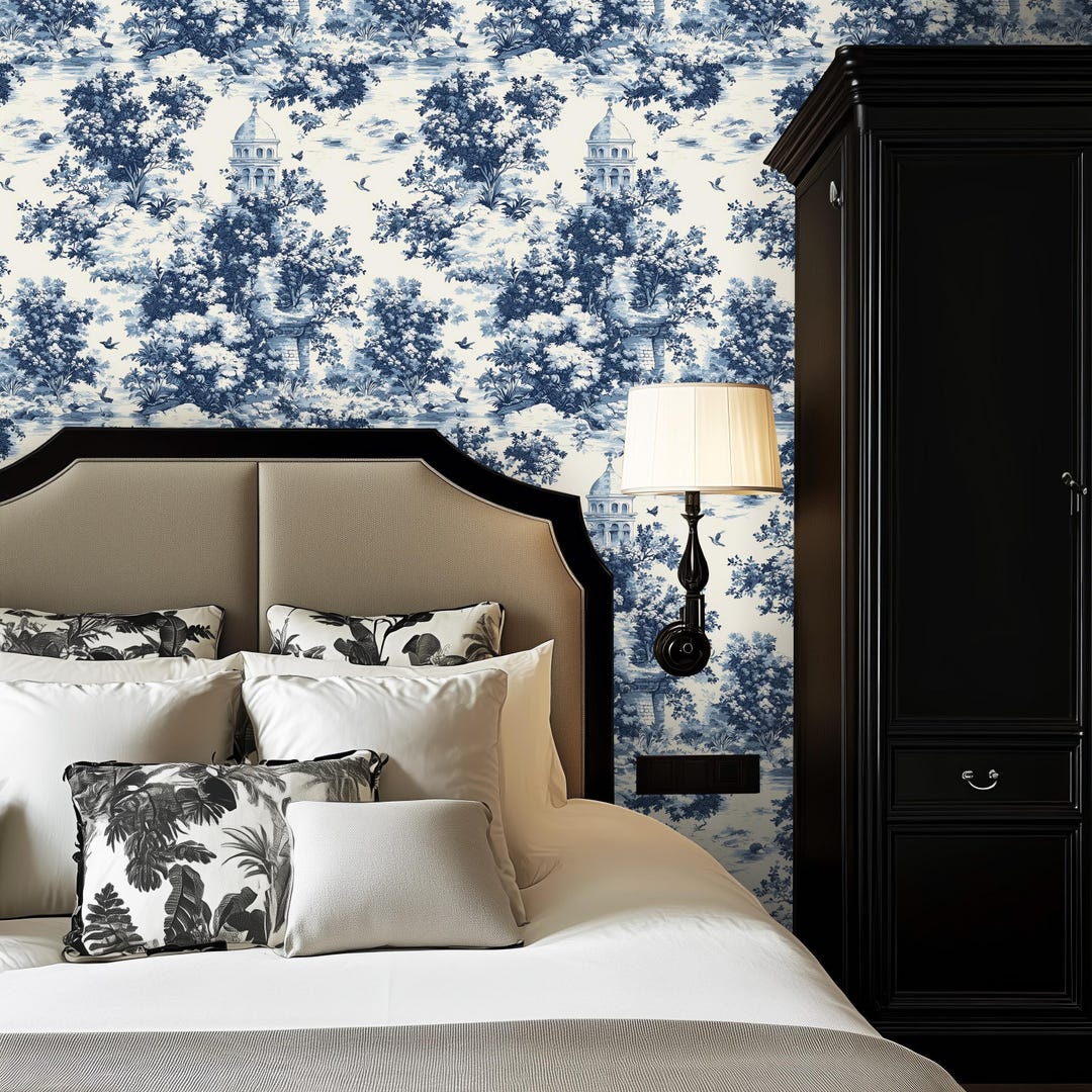 Blue Toile Wallpaper - Vintage French Scenic Mural - Elegant Classic ...