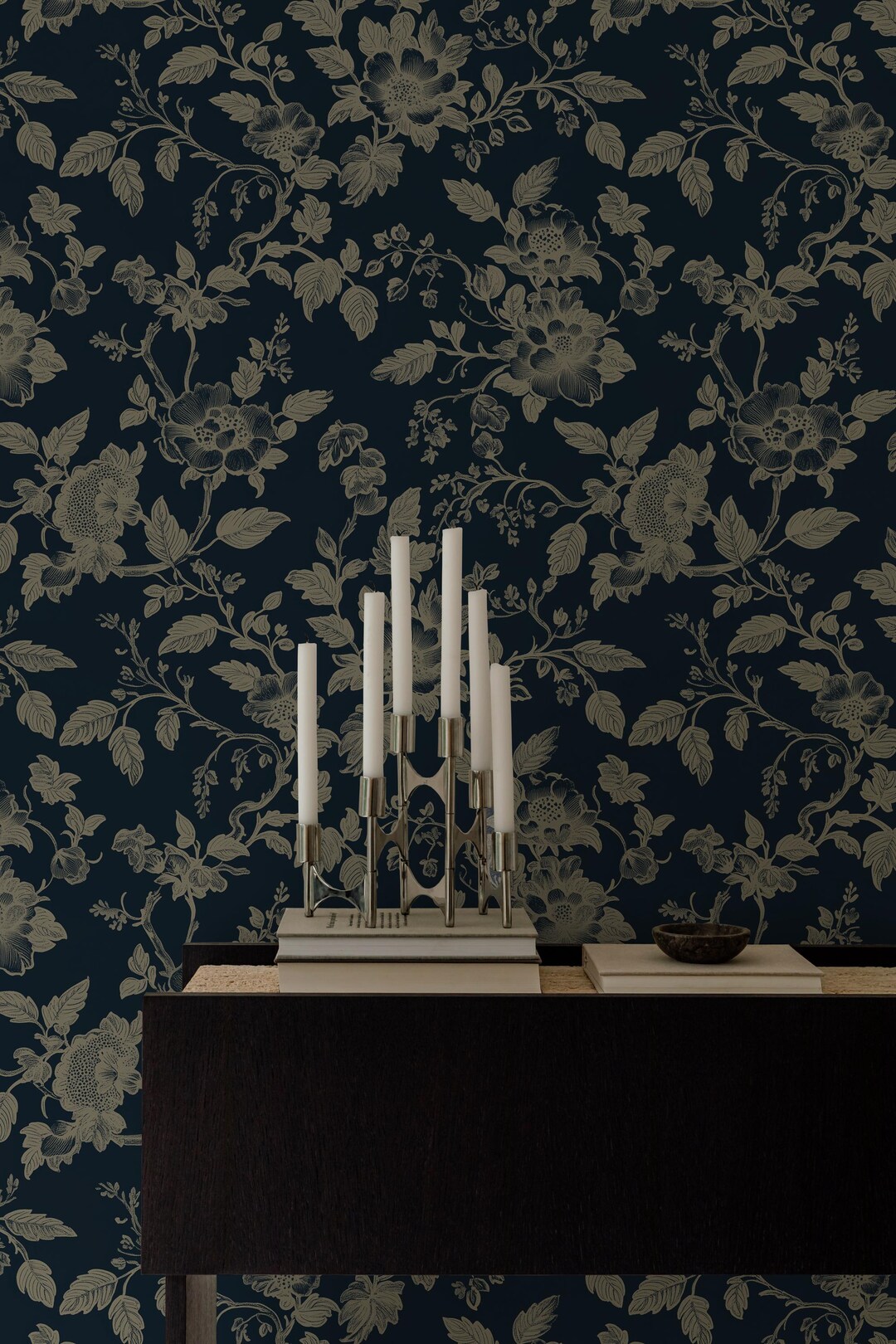 Deep Blue Floral Vintage Wallpaper - Elegant Black Botanical Peel and ...