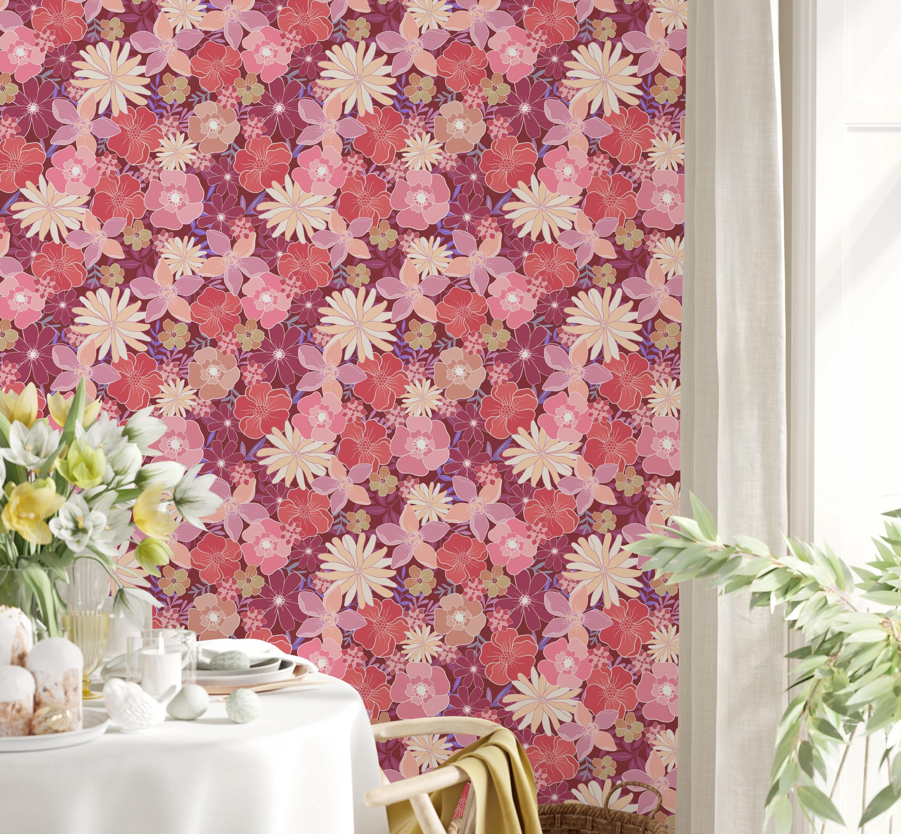 Peel and Stick Floral Pink Wallpaper Chic Botanical Art, Vibrant Groovy ...