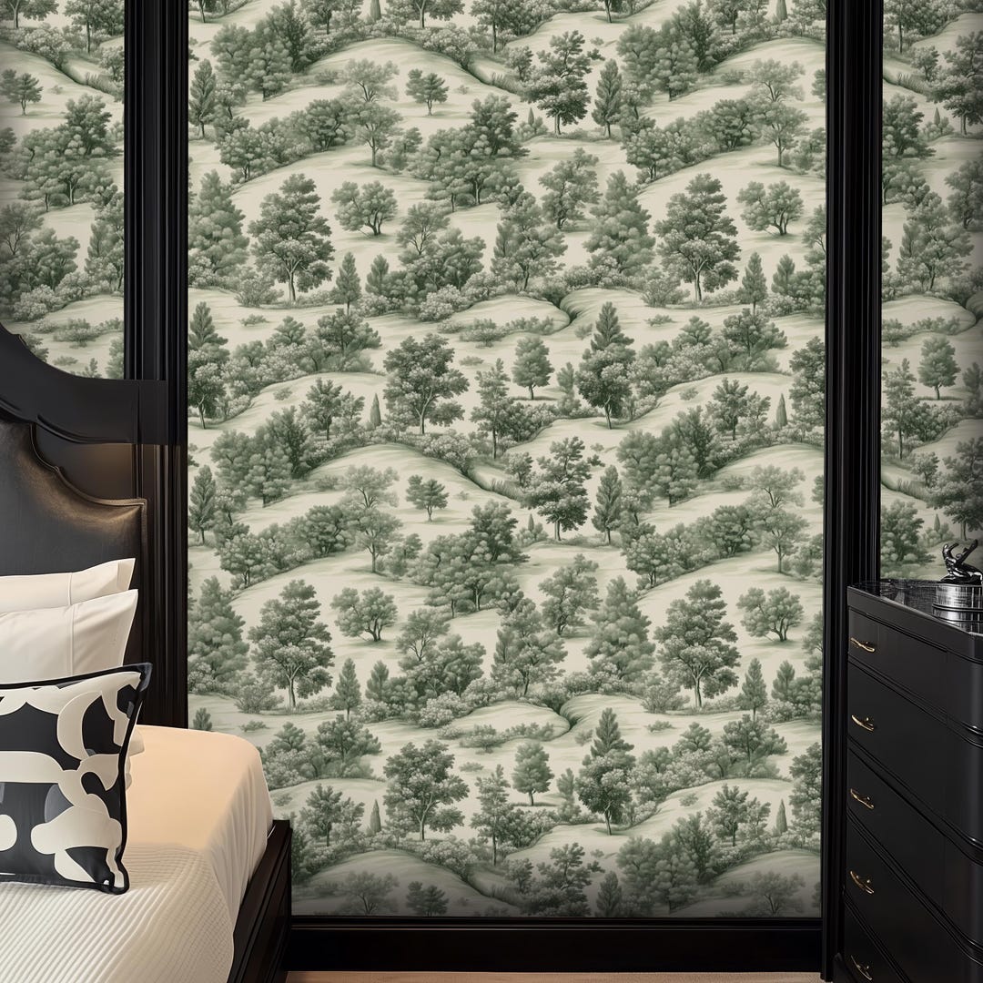 Green Toile Wallpaper: Vintage Pastoral Countryside Scene - Peel and ...