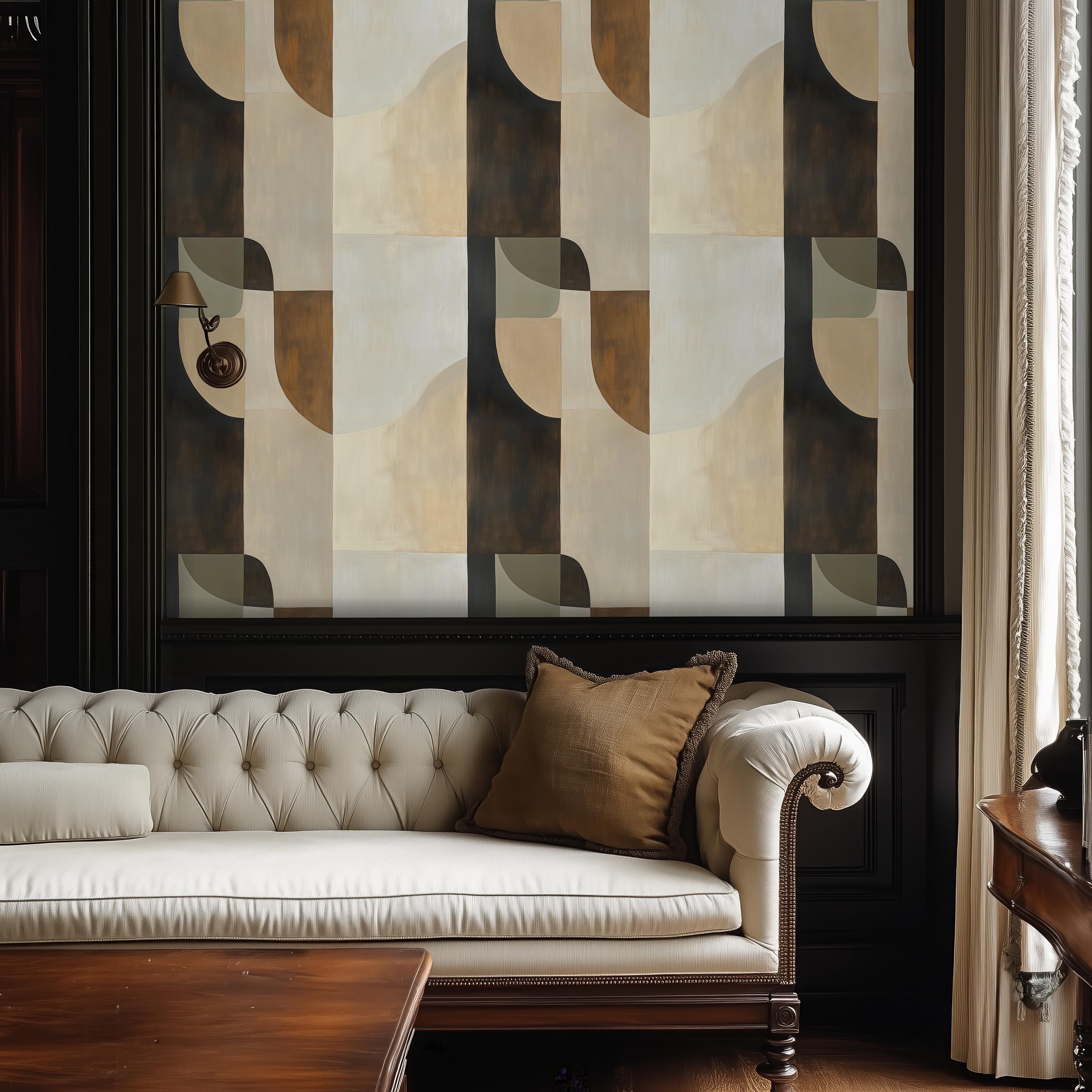 Geometric Abstract Wallpaper: Beige & Black Art Deco Wall Mural - Etsy