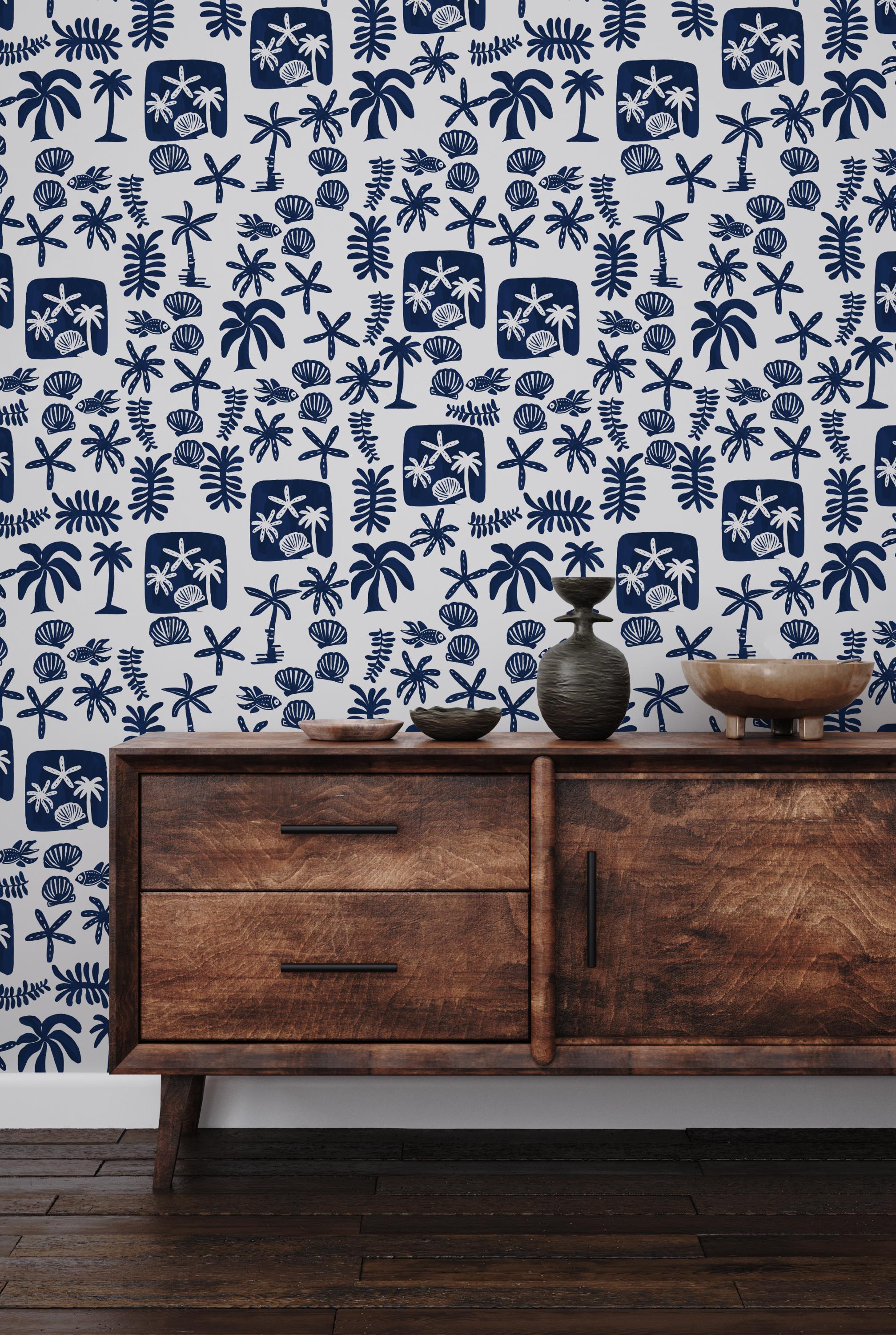 Sea-themed Wallpaper Blue and White Minimalist Pattern, Tropical Beach ...