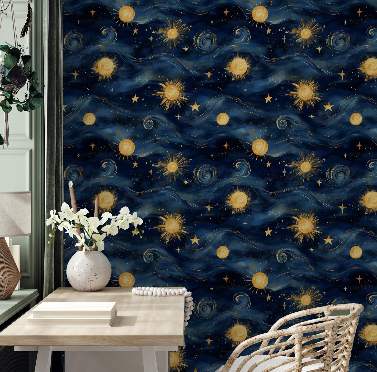 Starry Night Celestial Wallpaper - Luxury Sun & Moon Wall Mural ...