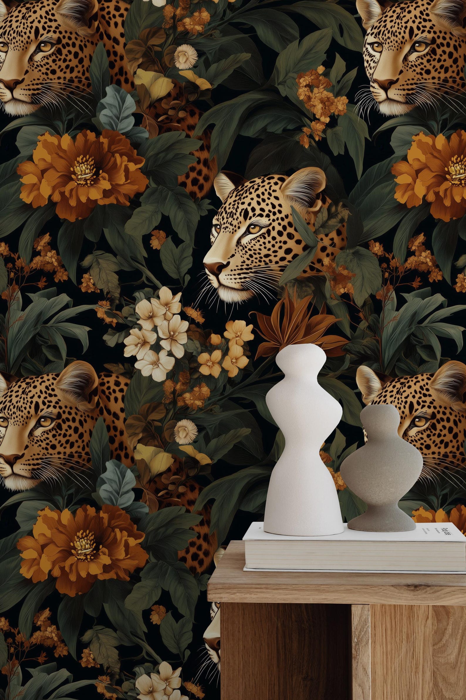 Luxury Leopard Jungle Wallpaper - Bold Tropical Wall Mural - Dark ...