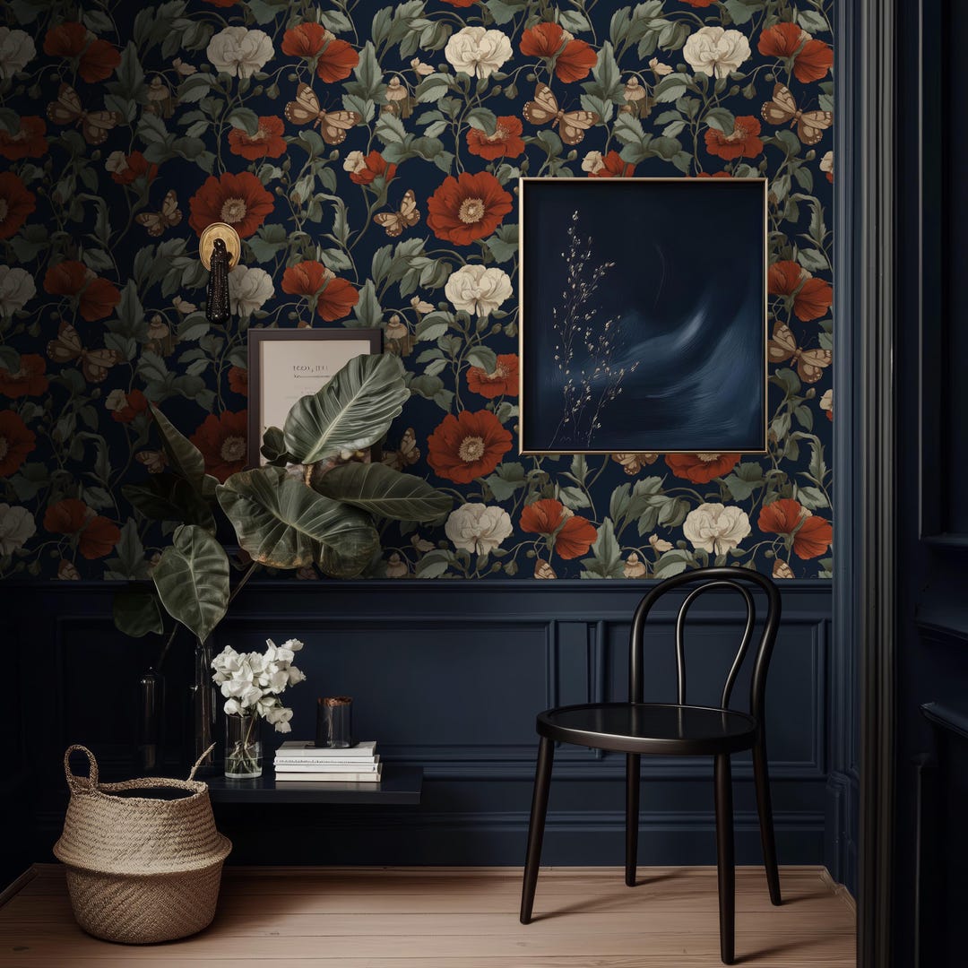 Moody Poppy Butterfly Wallpaper: Victorian Gothic Navy Peel and Stick ...