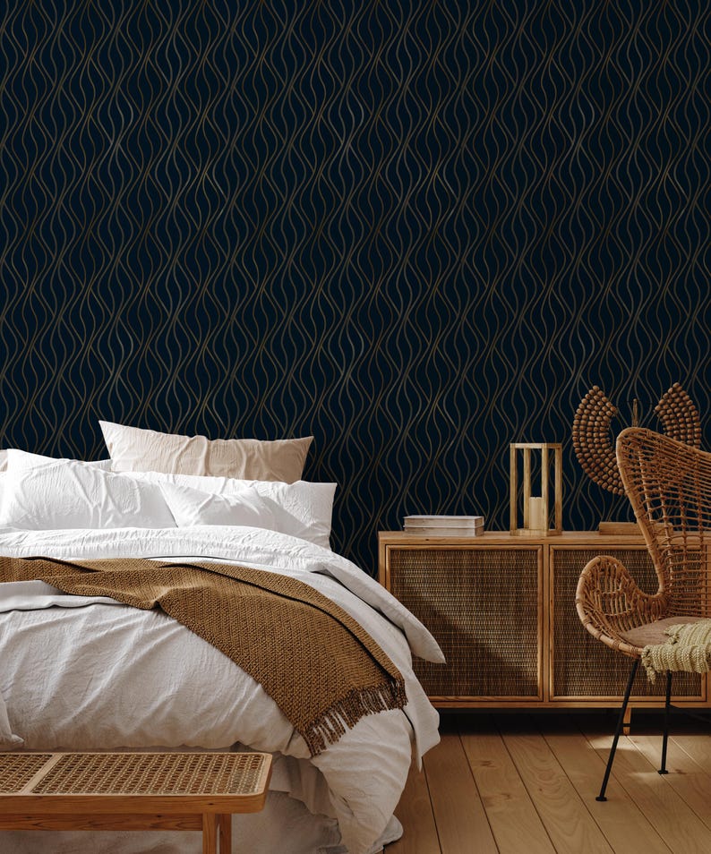 Art Deco Wave Wallpaper: Dark Blue & Gold Peel and Stick - Etsy