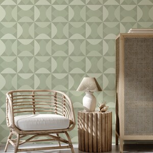Green Mid Century Wallpaper, Peel and Stick Modern, Sage Green Shapes ...