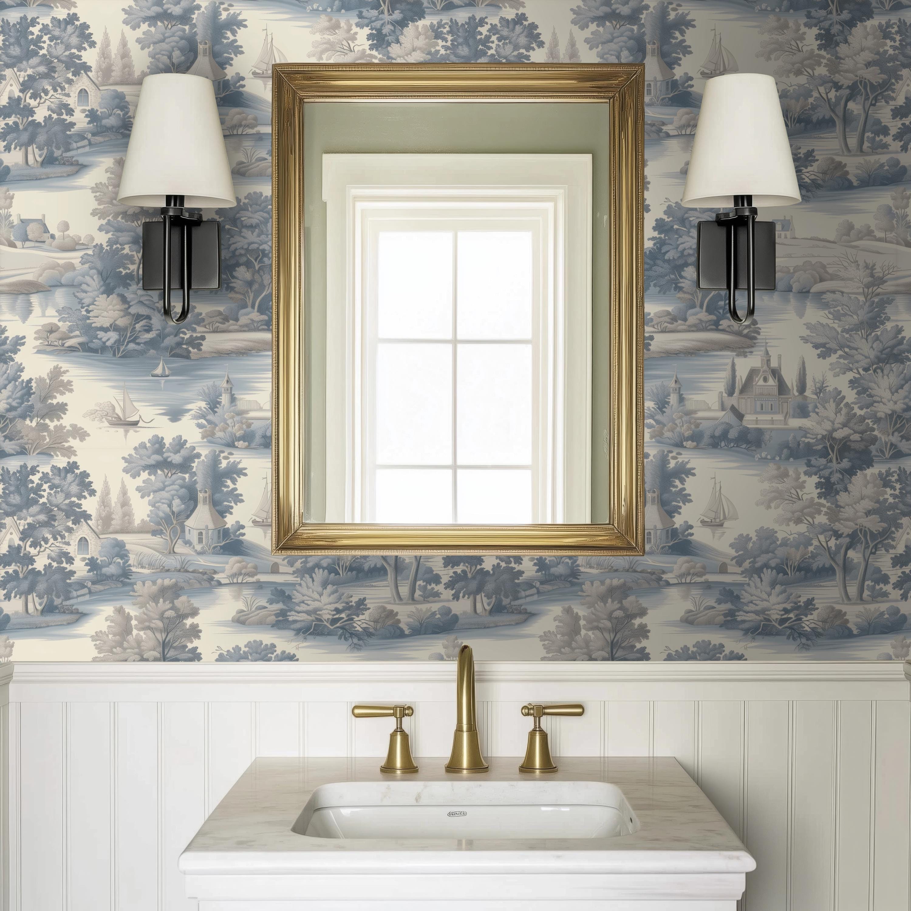 Blue Toile Bathroom Wallpaper | Traditional Non-pasted Paper | Classic ...